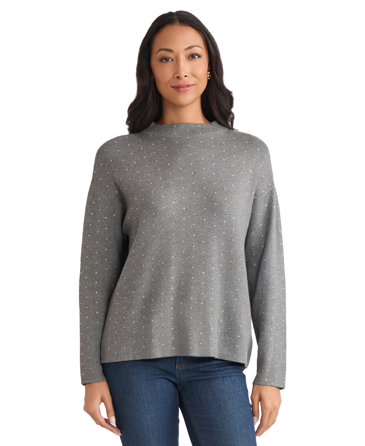 Click here for Jones New York Petite Mock Neck Sweater - Smoke He... prices