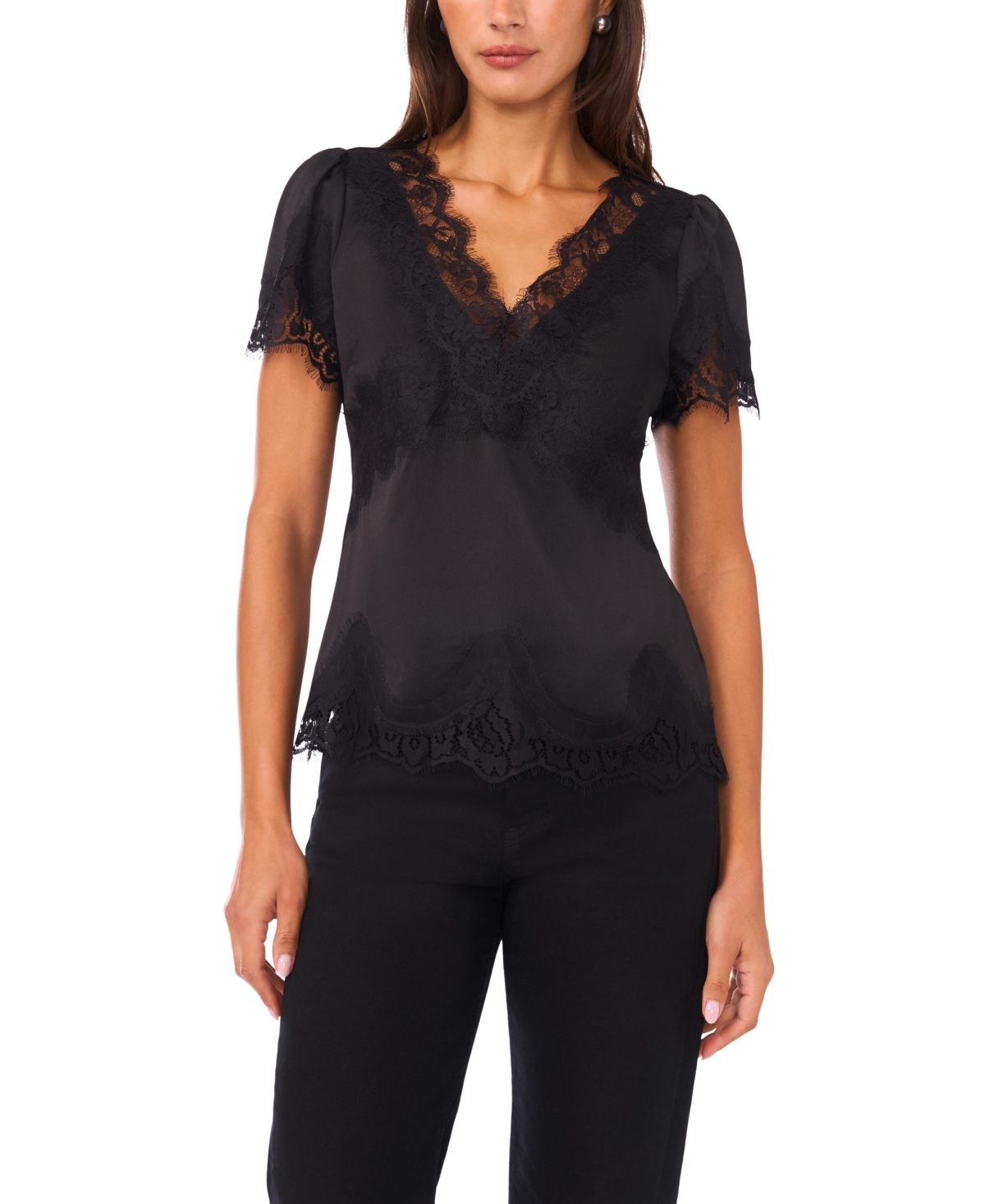 Click here for Vince Camuto Womens Short Sleeve V-Neck Lace Top -... prices