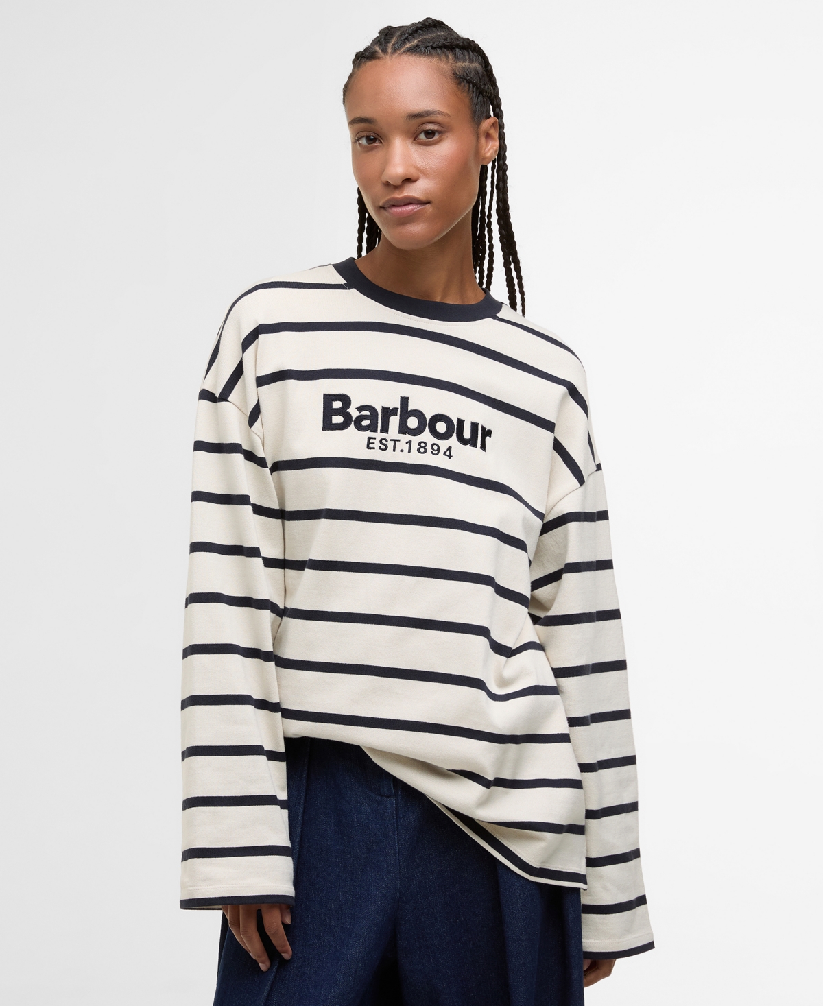Click here for Barbour Womens Maeve Long Sleeve Top - Ecru/Dark N... prices