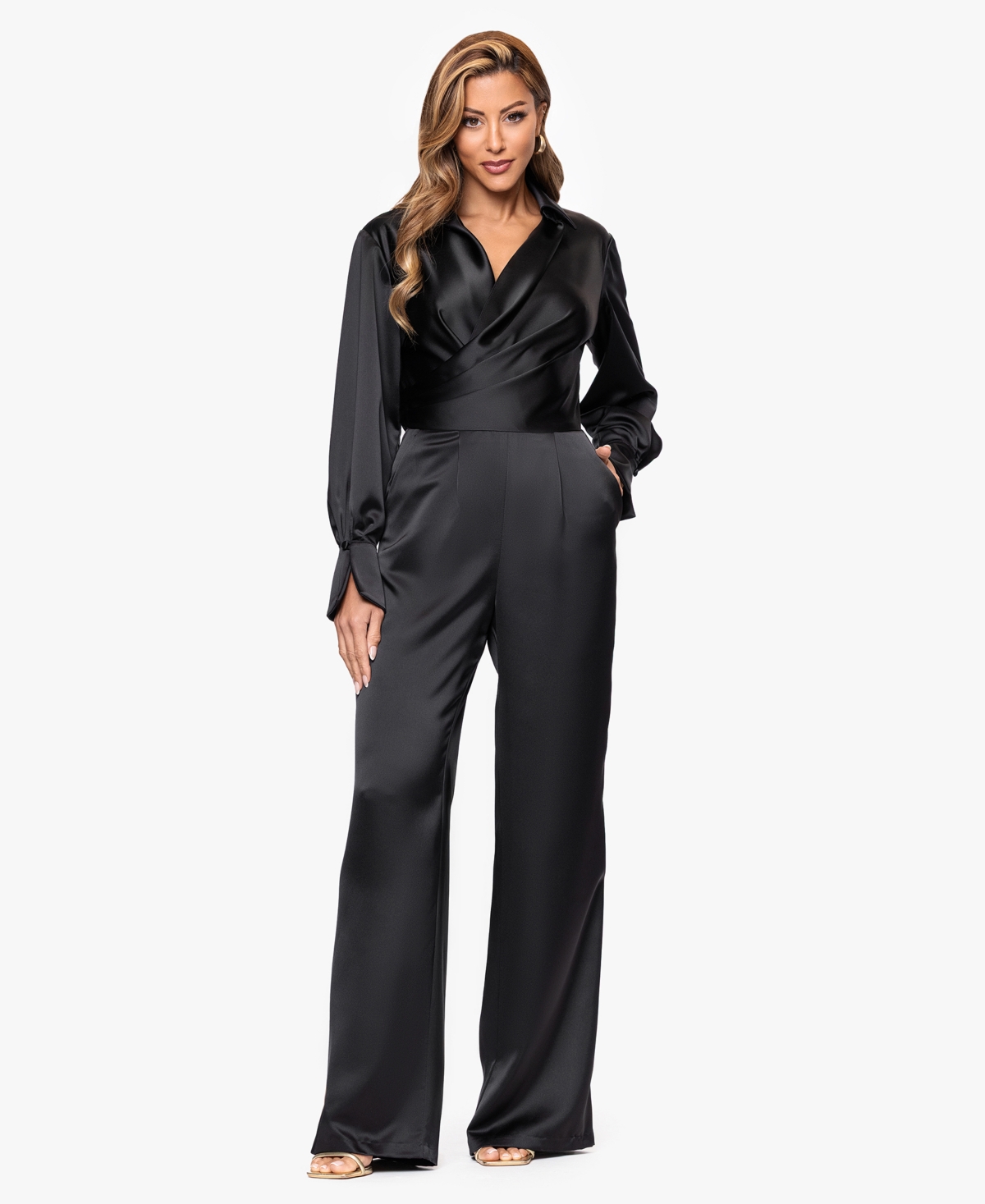 Click here for Xscape Womens V-Neck Long Sleeve Jumpsuit - Black prices