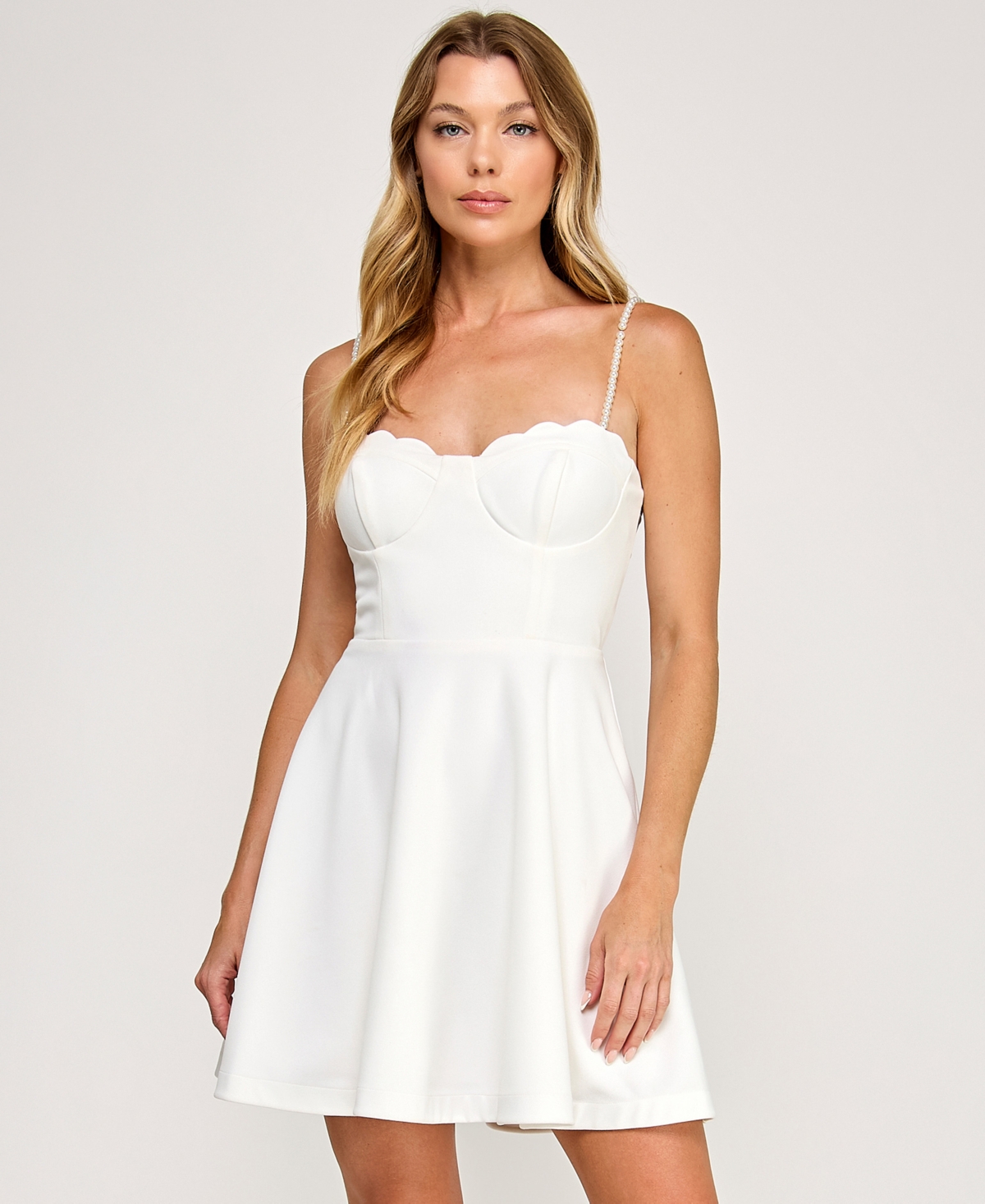 City Studios Juniors Imitation Pearl Scallop Sweetheart Neck Dress - Ivory