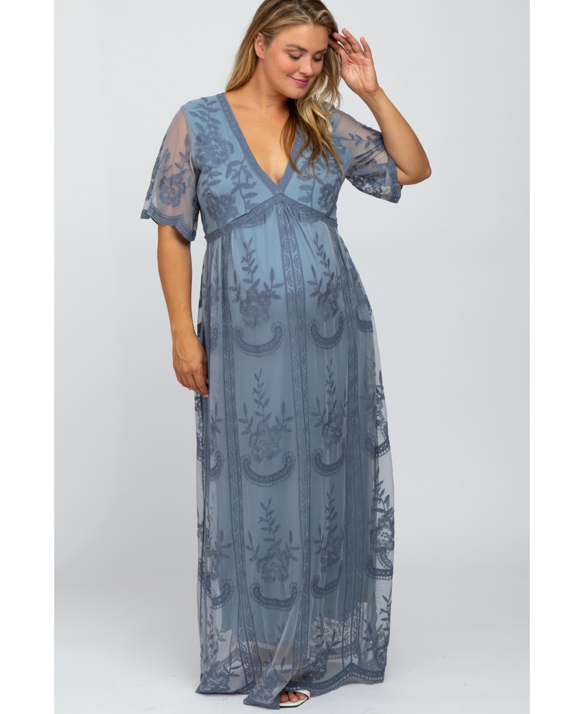 Click here for Pinkblush Plus Size Blue Lace Mesh Overlay Maxi Dr... prices