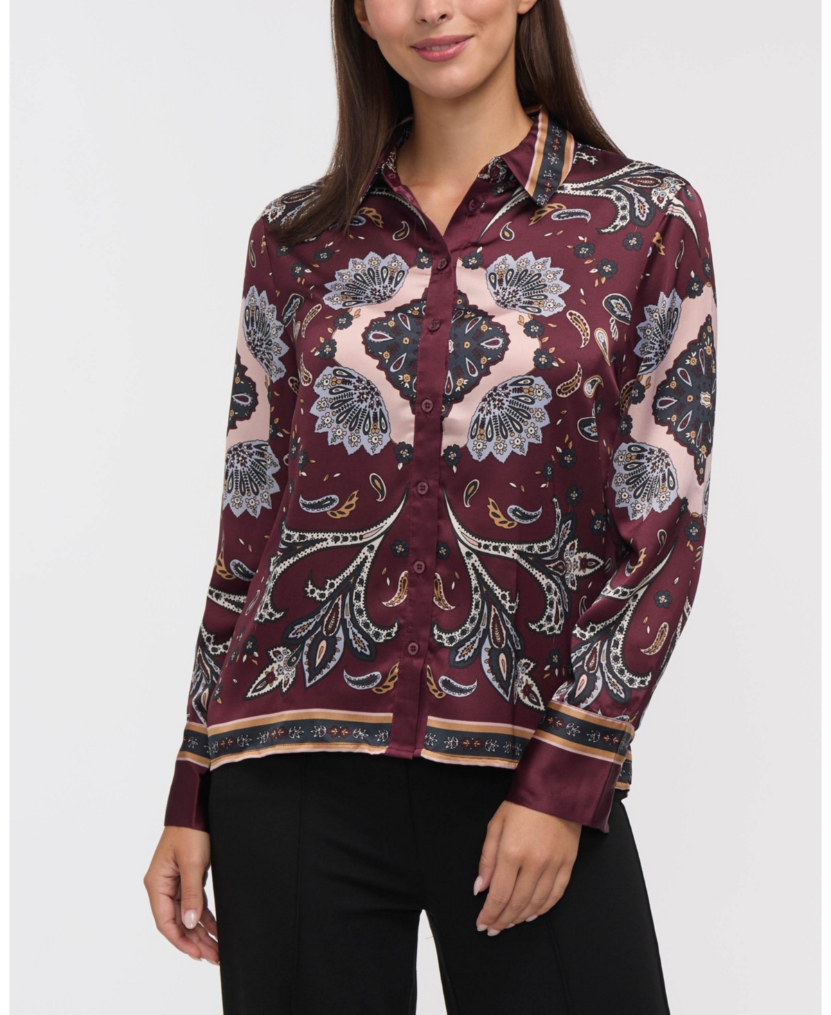 Click here for Ellen Tracy Womens Satin Button Down Printed Blous... prices