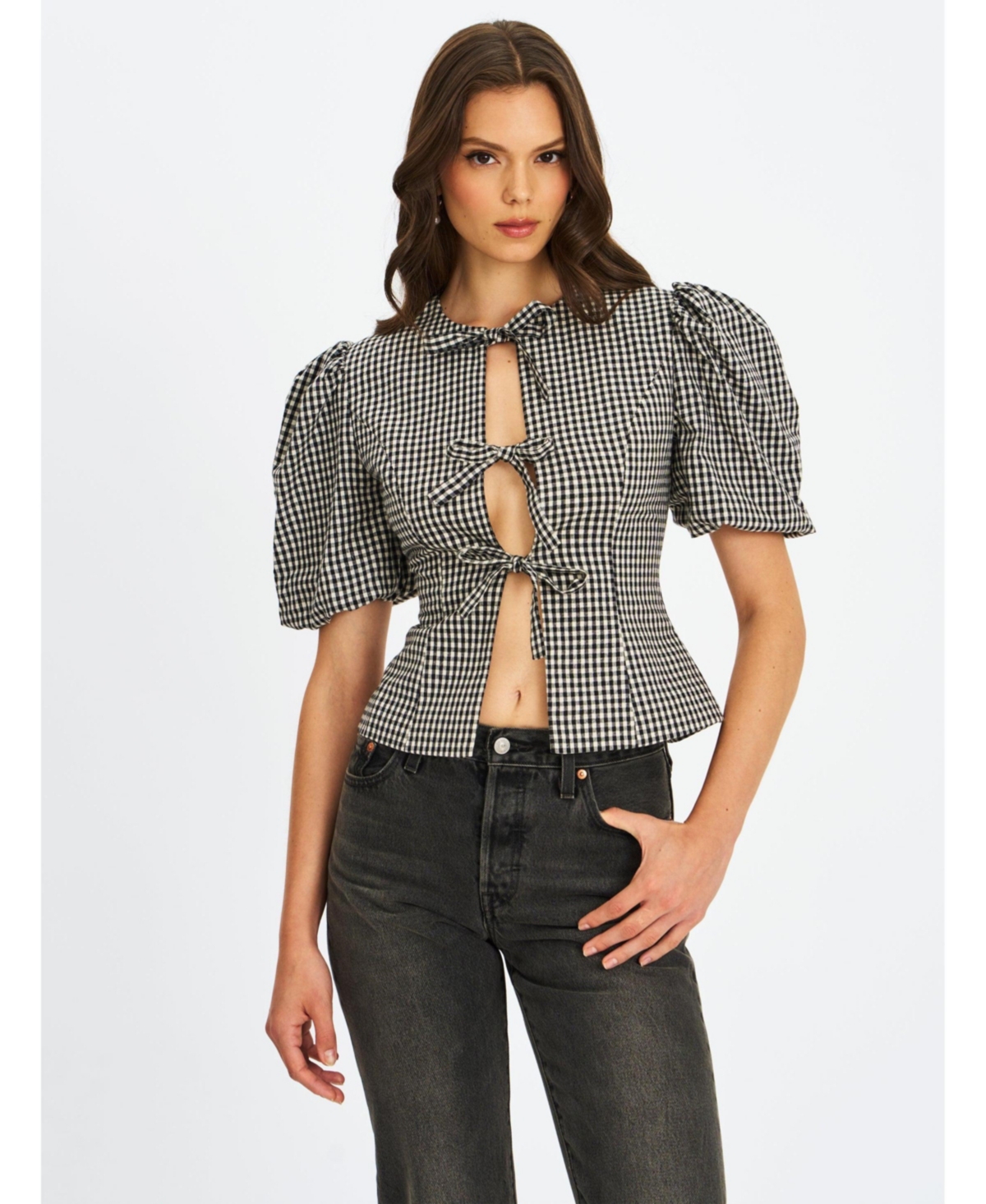 Click here for Miss Circle Womens Qusayla Black Gingham Bubble Sl... prices