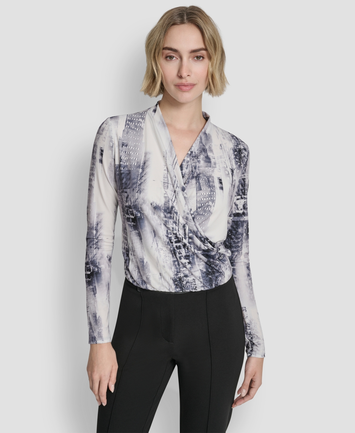 Click here for Dkny Petite Long Sleeve Wrap Top - Black/Stone Gra... prices