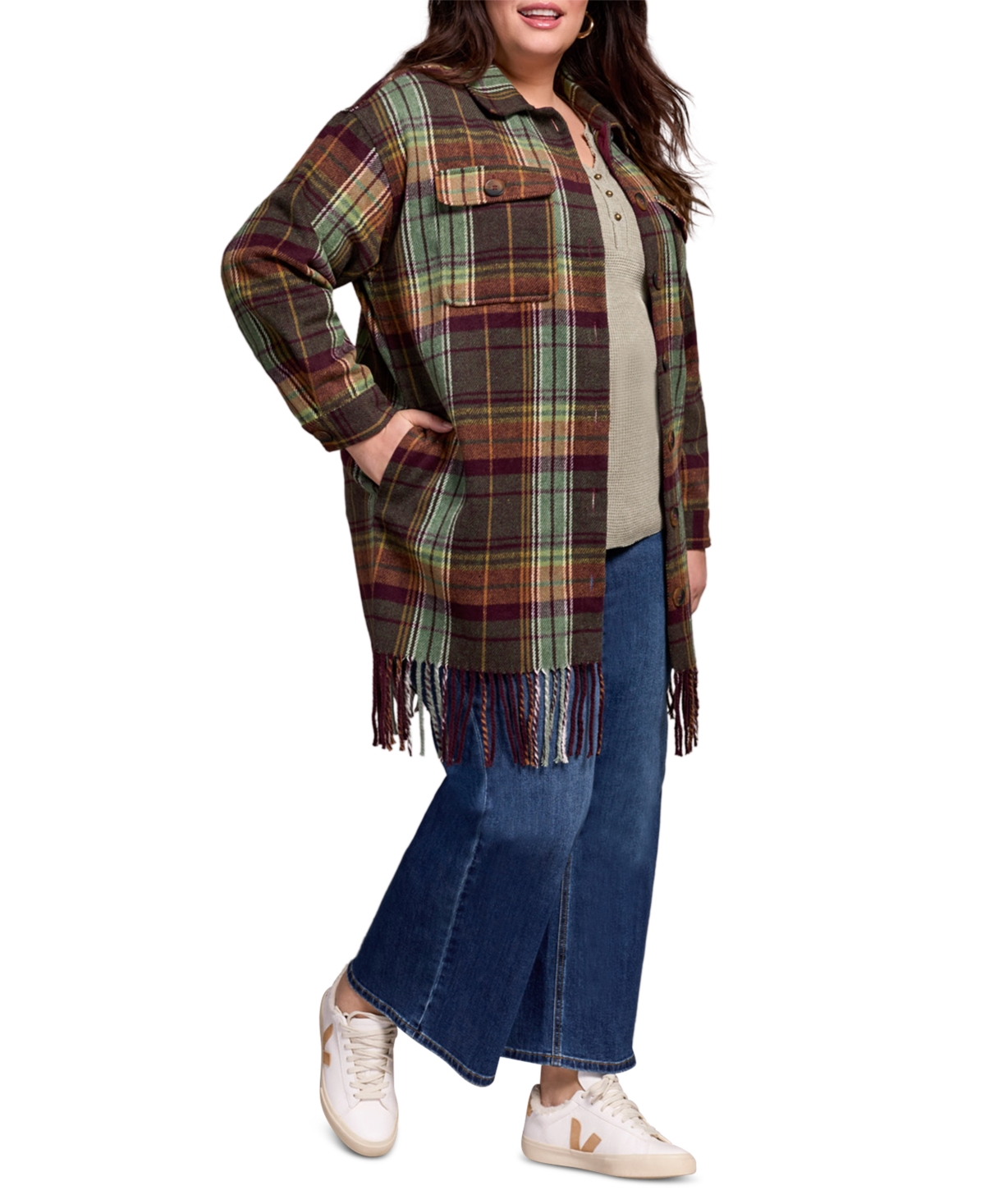 Click here for Tribal Plus Size Brushed Plaid Fringe-Hem Button-F... prices