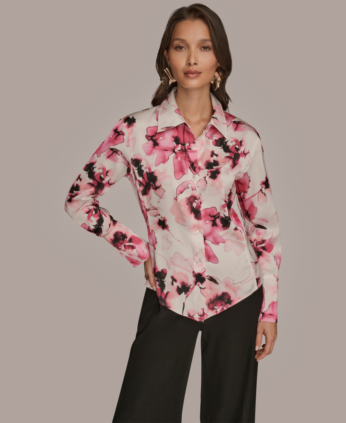 Donna Karan New York Womens Floral Print Long Sleeve Top - Bimini Multi