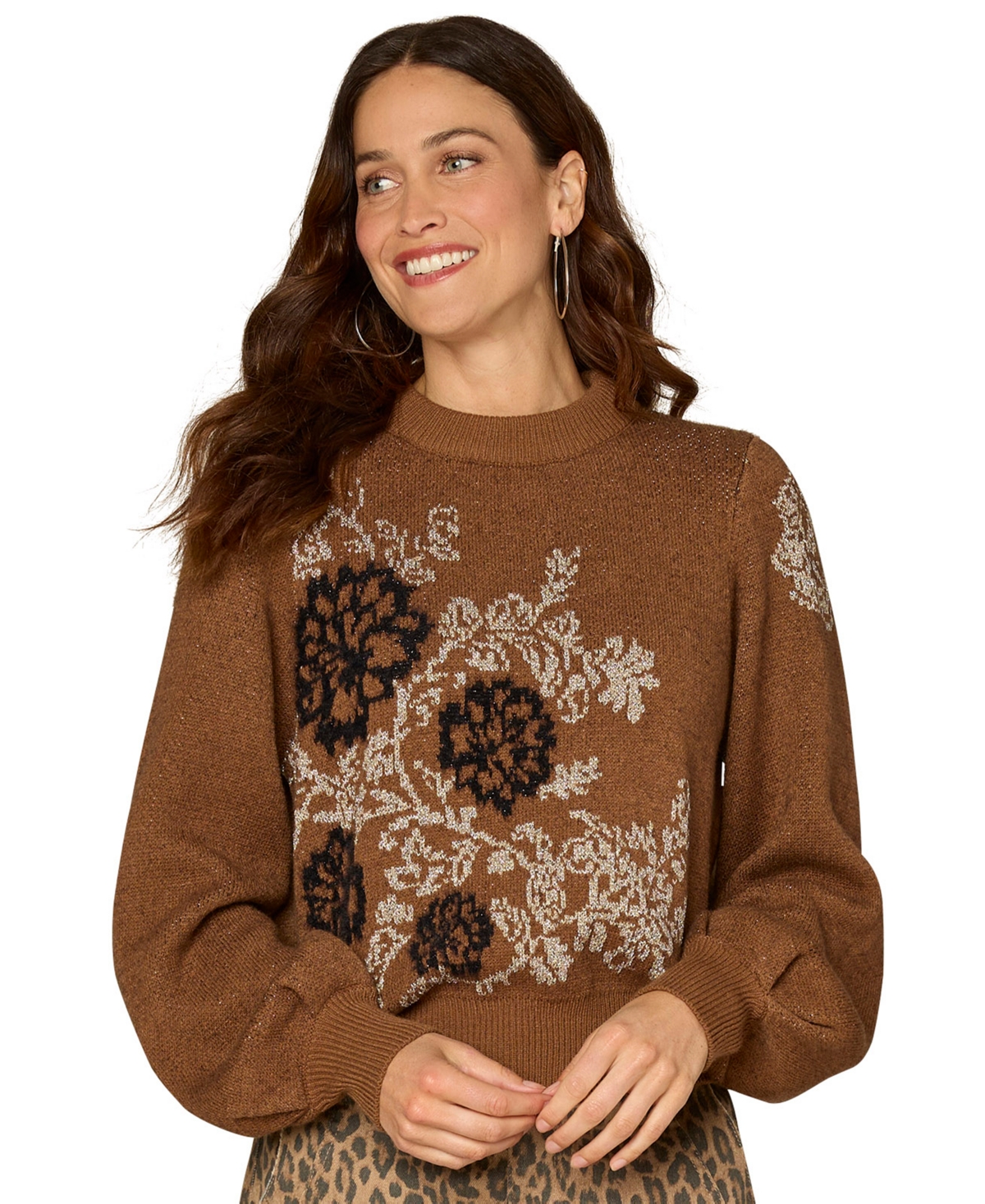 Click here for Democracy Petite Mock Neck Floral Sweater - Tabacc... prices