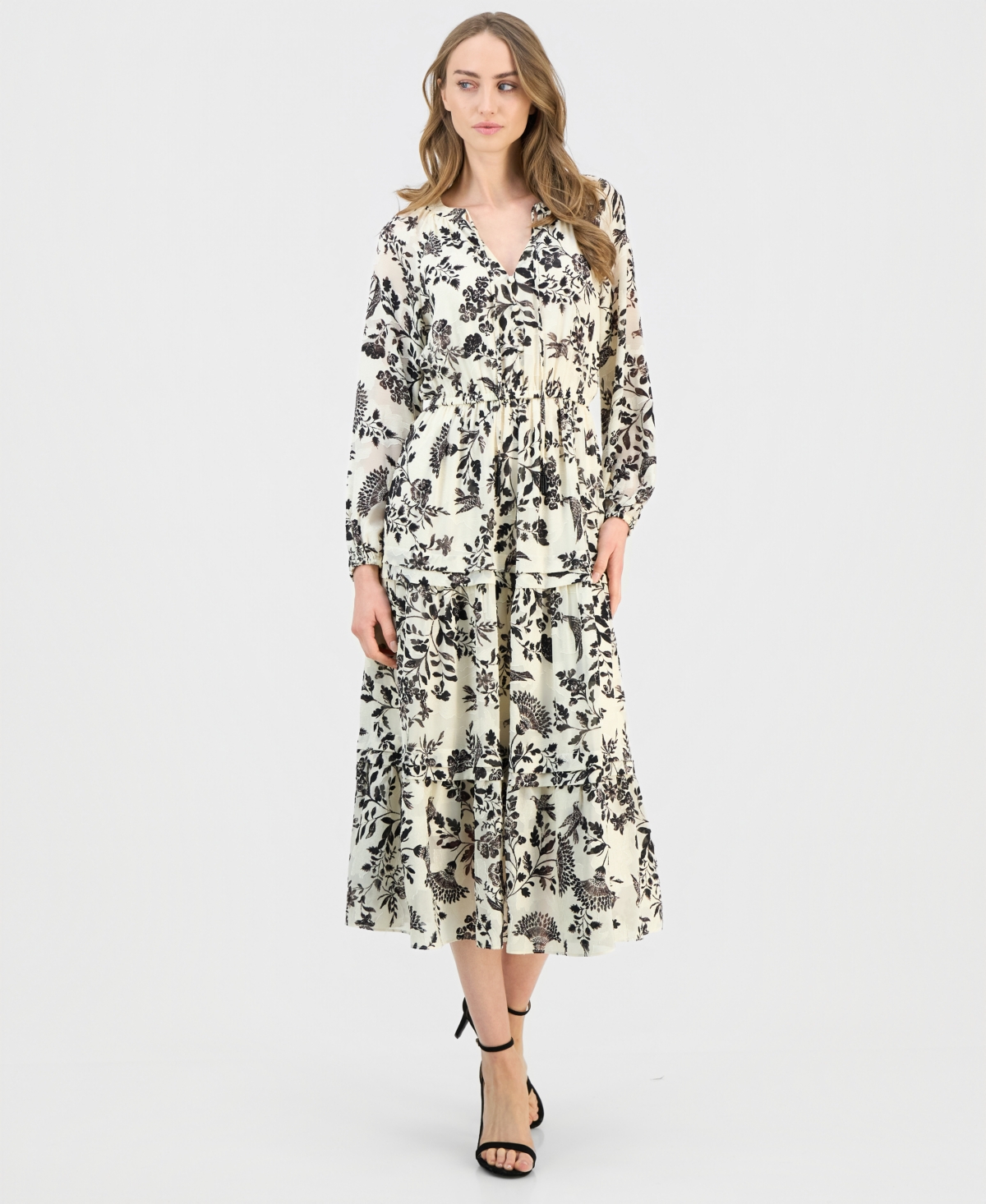 Click here for Anne Klein Womens Printed Tie-Neck Tiered Maxi Dre... prices