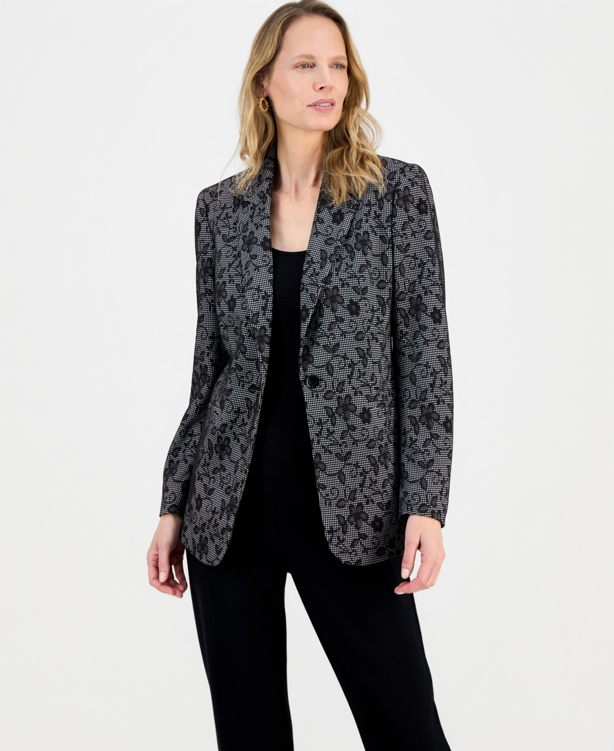 Click here for Kasper Womens Floral Ponte Notch-Collar Jacket - B... prices