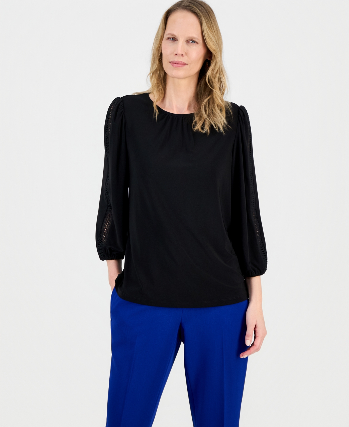 Click here for Kasper Womens Crewneck 3/4-Lace-Trim-Sleeve Blouse... prices