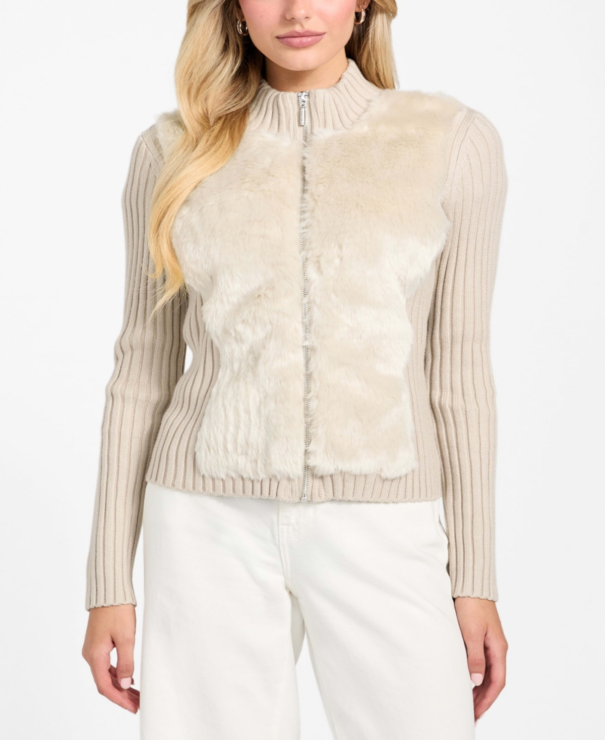 Click here for Guess Womens Mila Mixed Media Faux-Fur Zip-Front C... prices