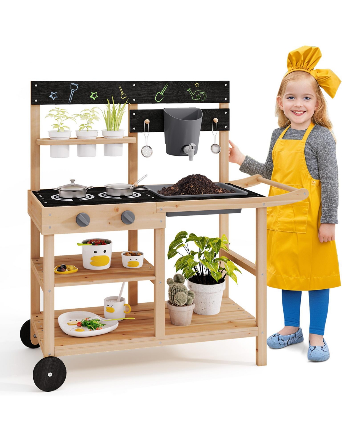 Gymax Mud Kitchen w/ Wheels Outdoor Fir Wood Play Kitchen w/ Blackboard Planting Pots - Natural