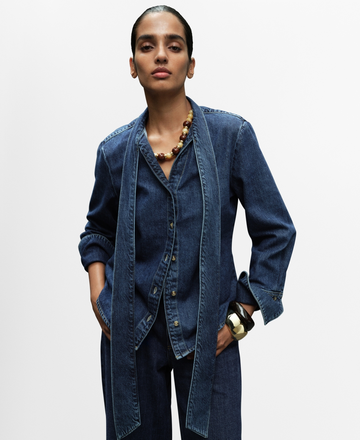 Click here for Mango Womens Bow Detail Denim Shirt - Dark Blue prices