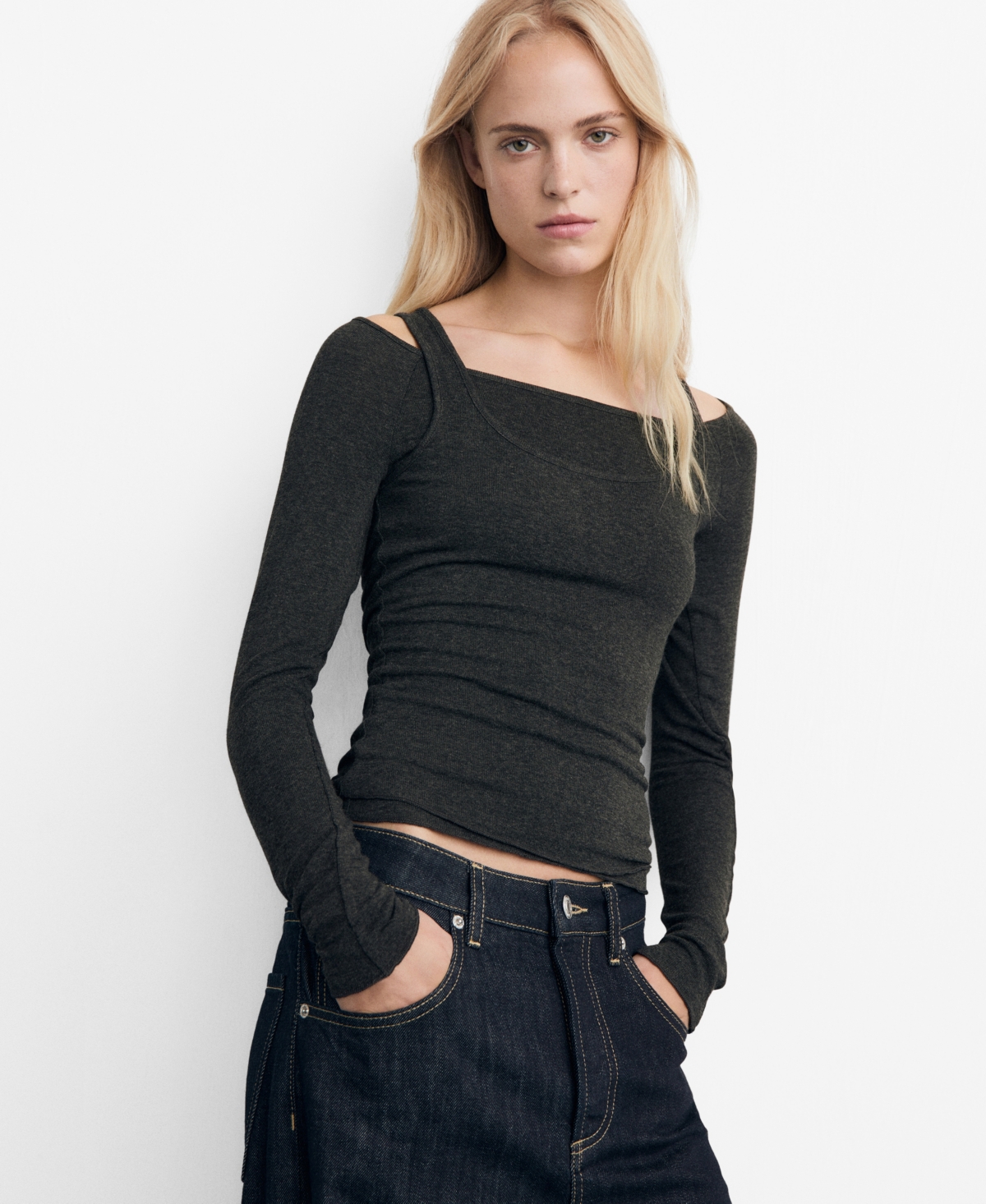 Click here for Mango Womens Combined Crew Neck Sweater - Dark Hea... prices