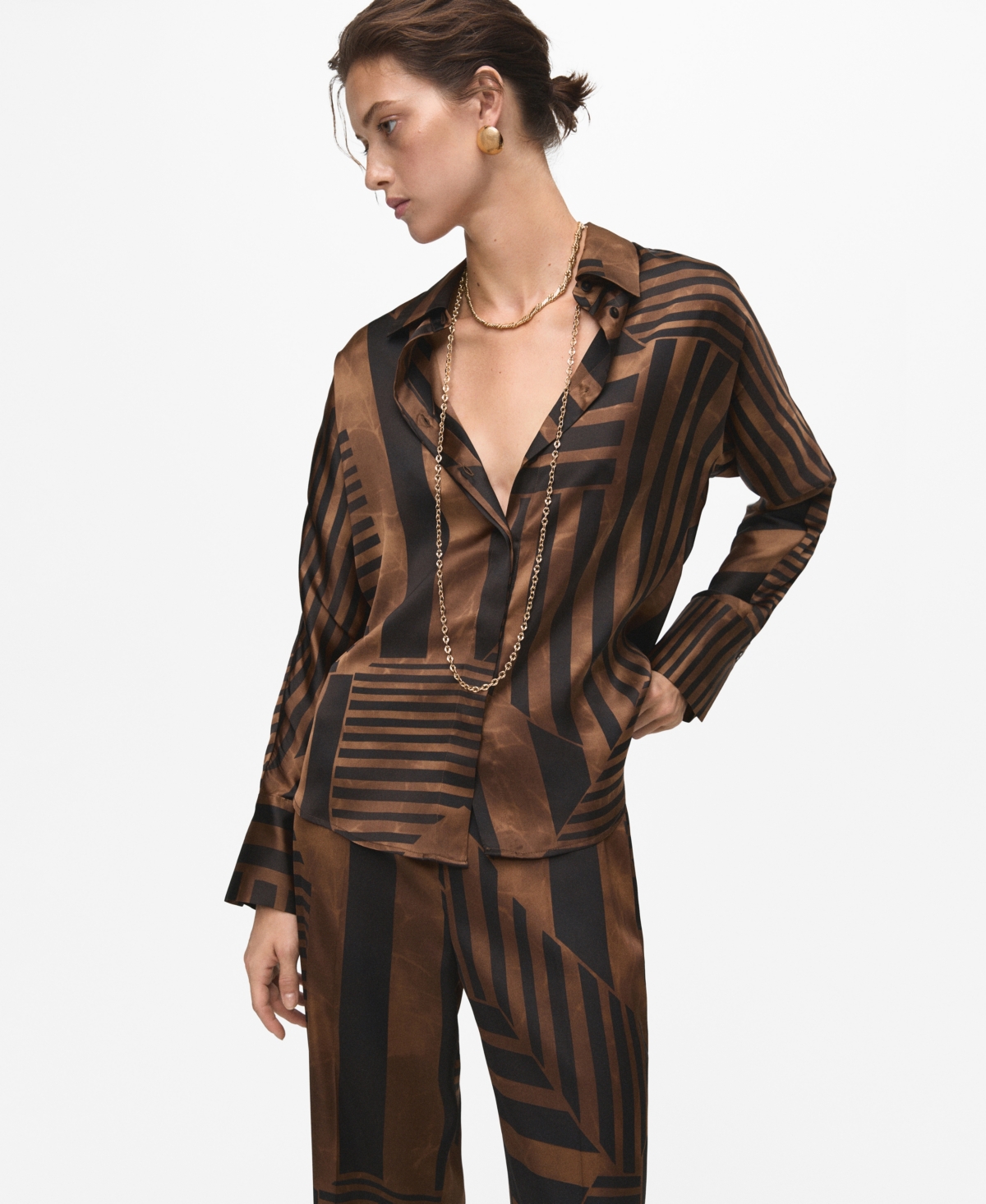 Click here for Mango Womens Striped Satin Blouse - Brown prices