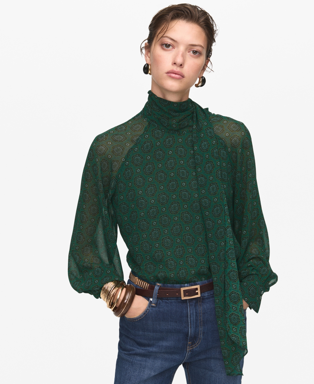 Click here for Mango Womens Tie Closure Printed Blouse - Green prices