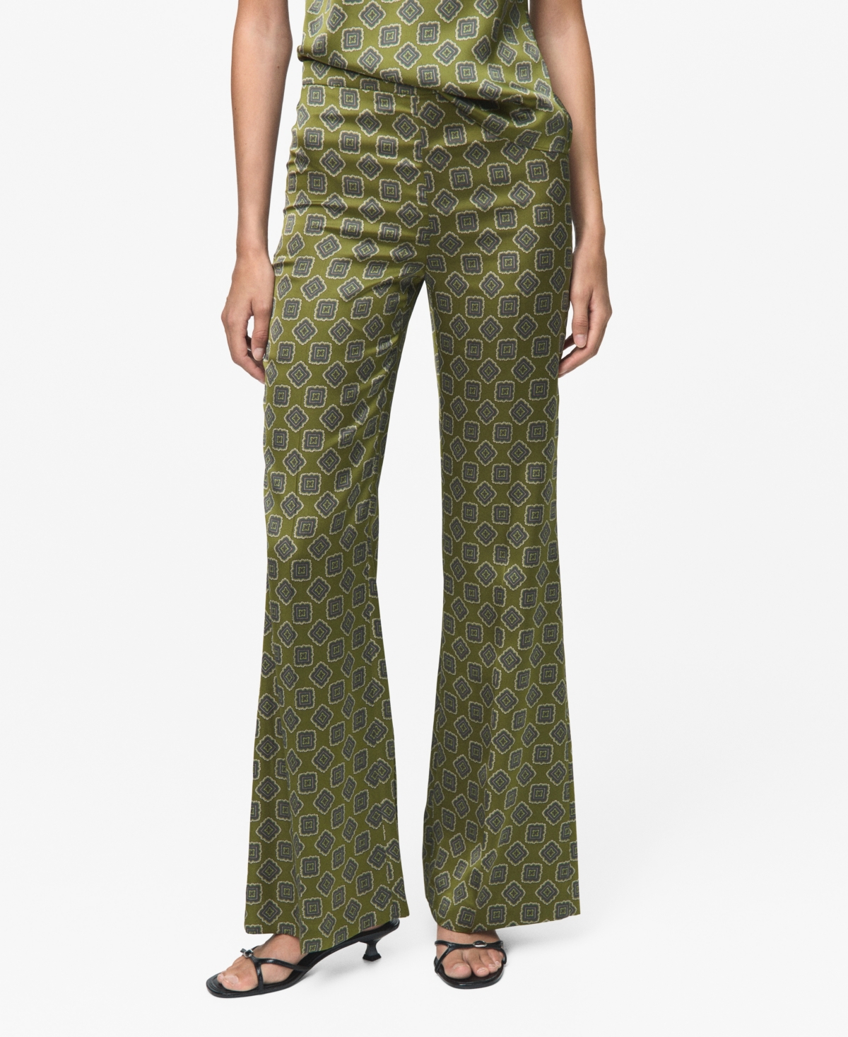 Click here for Mango Womens Geometric-Print Satin Pants - Green prices