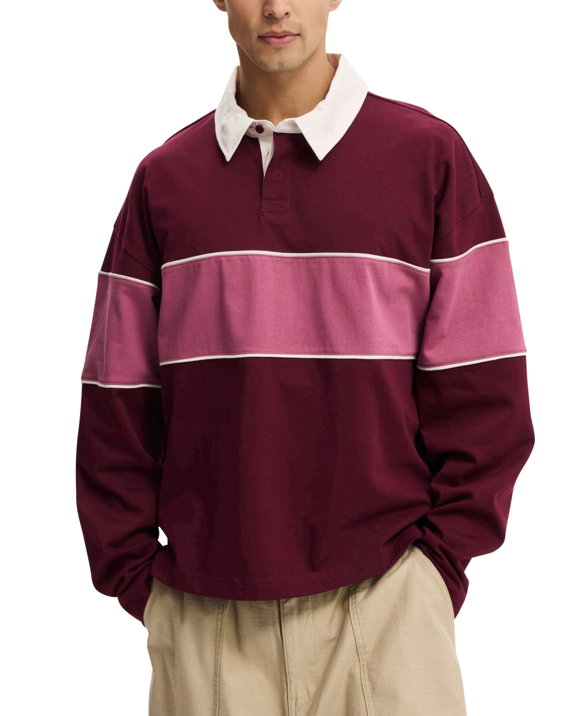 Click here for Cotton On Mens Cropped Fit Rugby Shirt - Burgundy prices