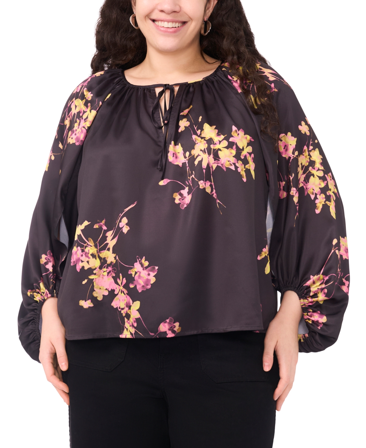 Click here for Vince Camuto Plus Size Printed Tie Neck Blouse - R... prices