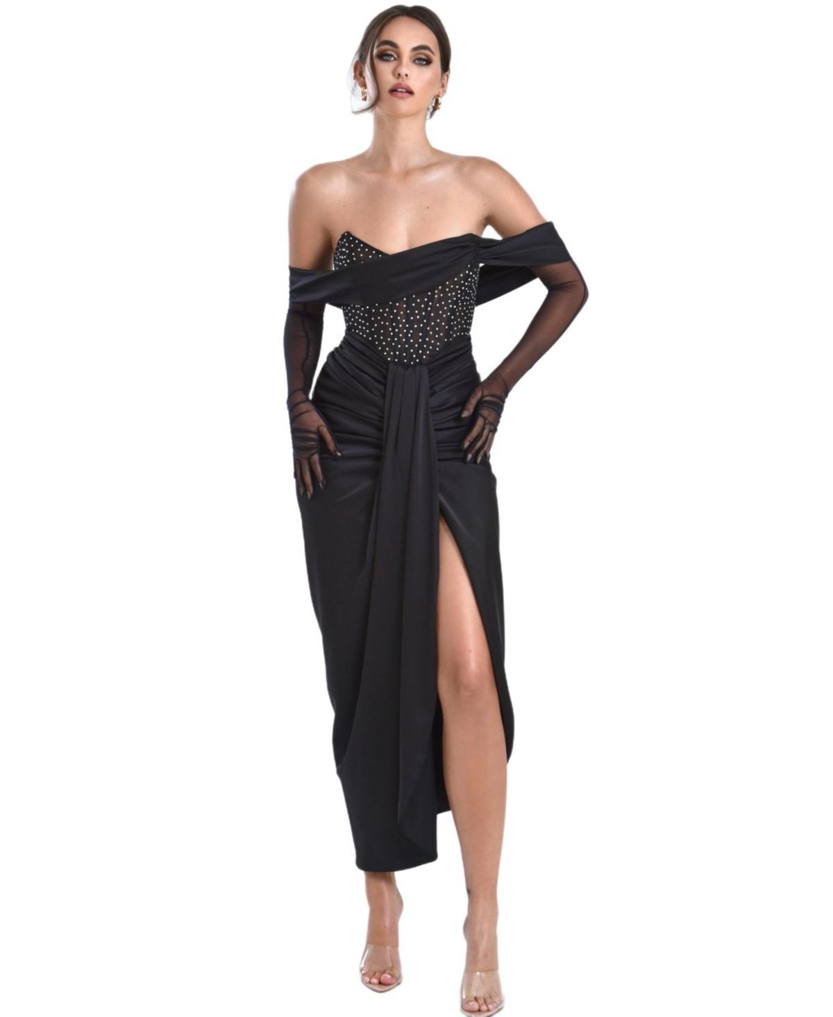 Click here for Miss Circle Womens Stella Black Off Shoulder Cryst... prices