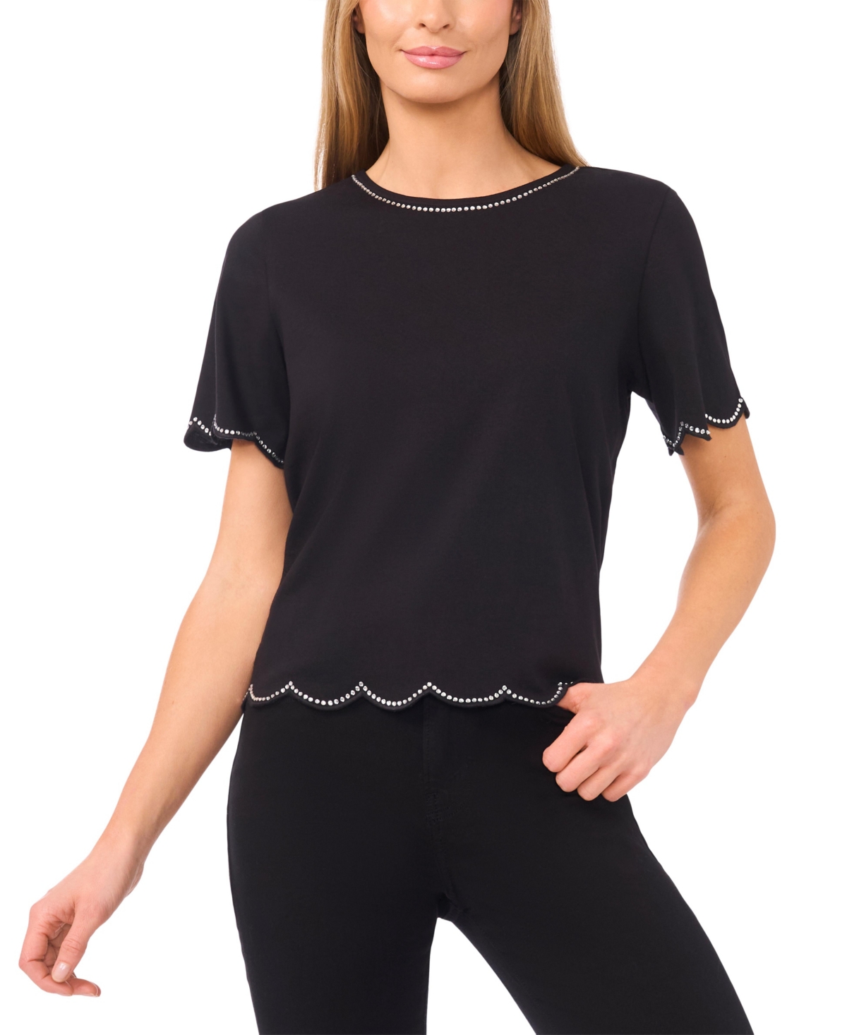 Click here for CeCe Womens Rhinestone Scalloped Knit Top - Rich B... prices