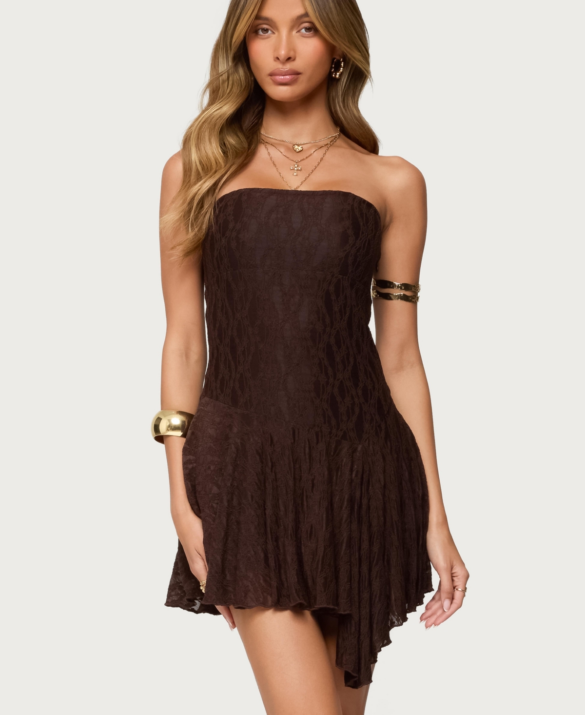 Click here for Edikted Womens Elaia Asymmetric Strapless Lace Min... prices
