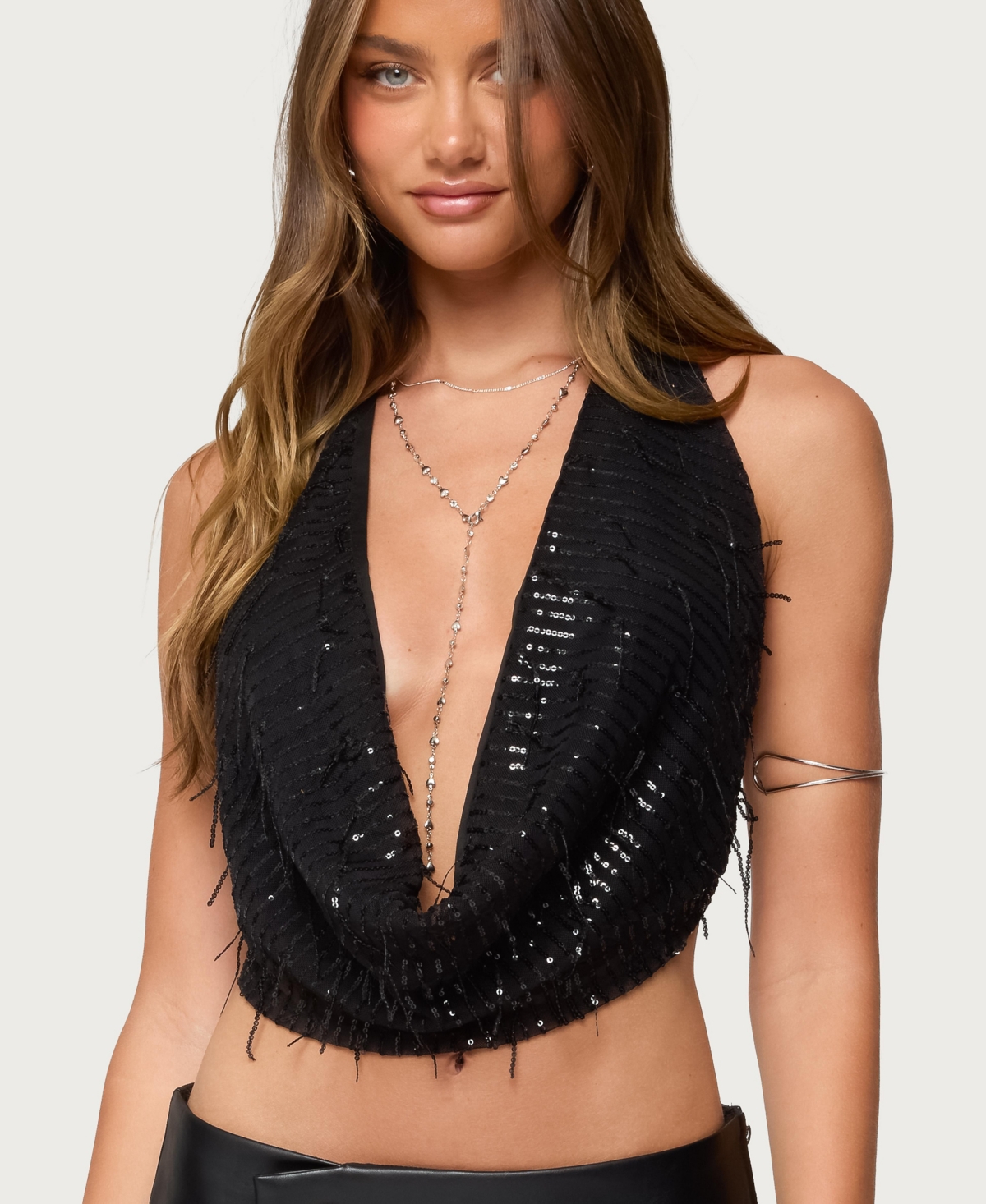 Click here for Edikted Womens Fringed Sequin Backless Halter Top... prices