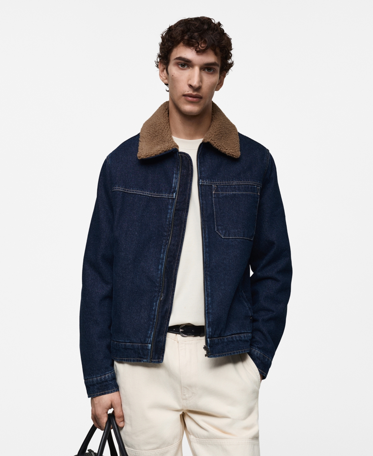 Click here for Mango Mens Shearling Lining Denim Jacket - Dark Bl... prices