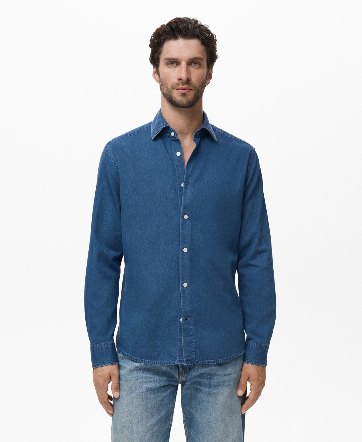 Click here for Mango Mens Cotton Chambray Shirt - Medium Blue prices