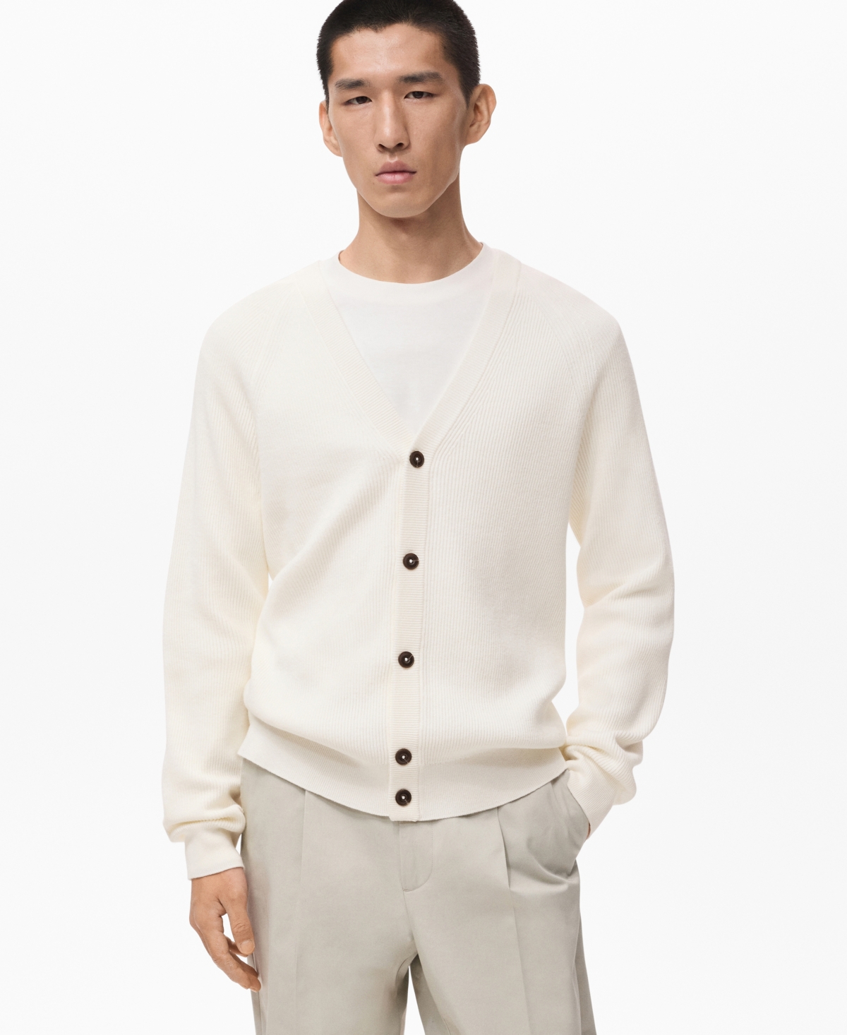 Click here for Mango Mens Ribbed Knitted Buttons Cardigan - Off W... prices