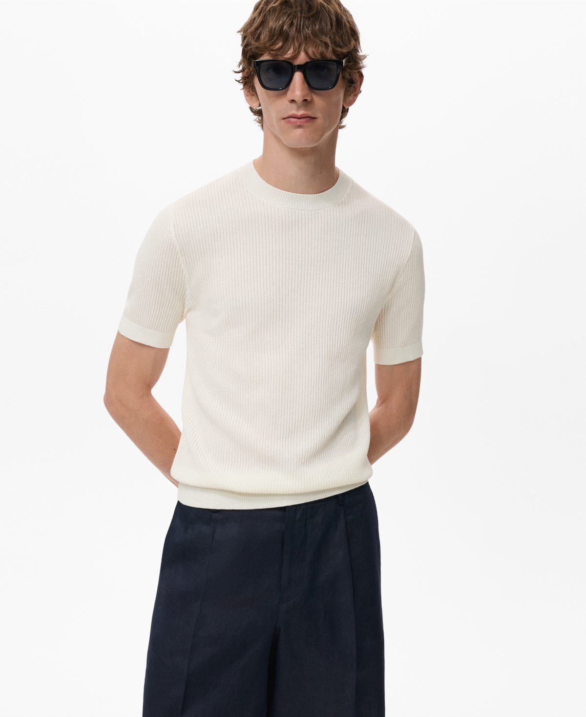 Click here for Mango Mens Ribbed Knit T-Shirt - Off White prices