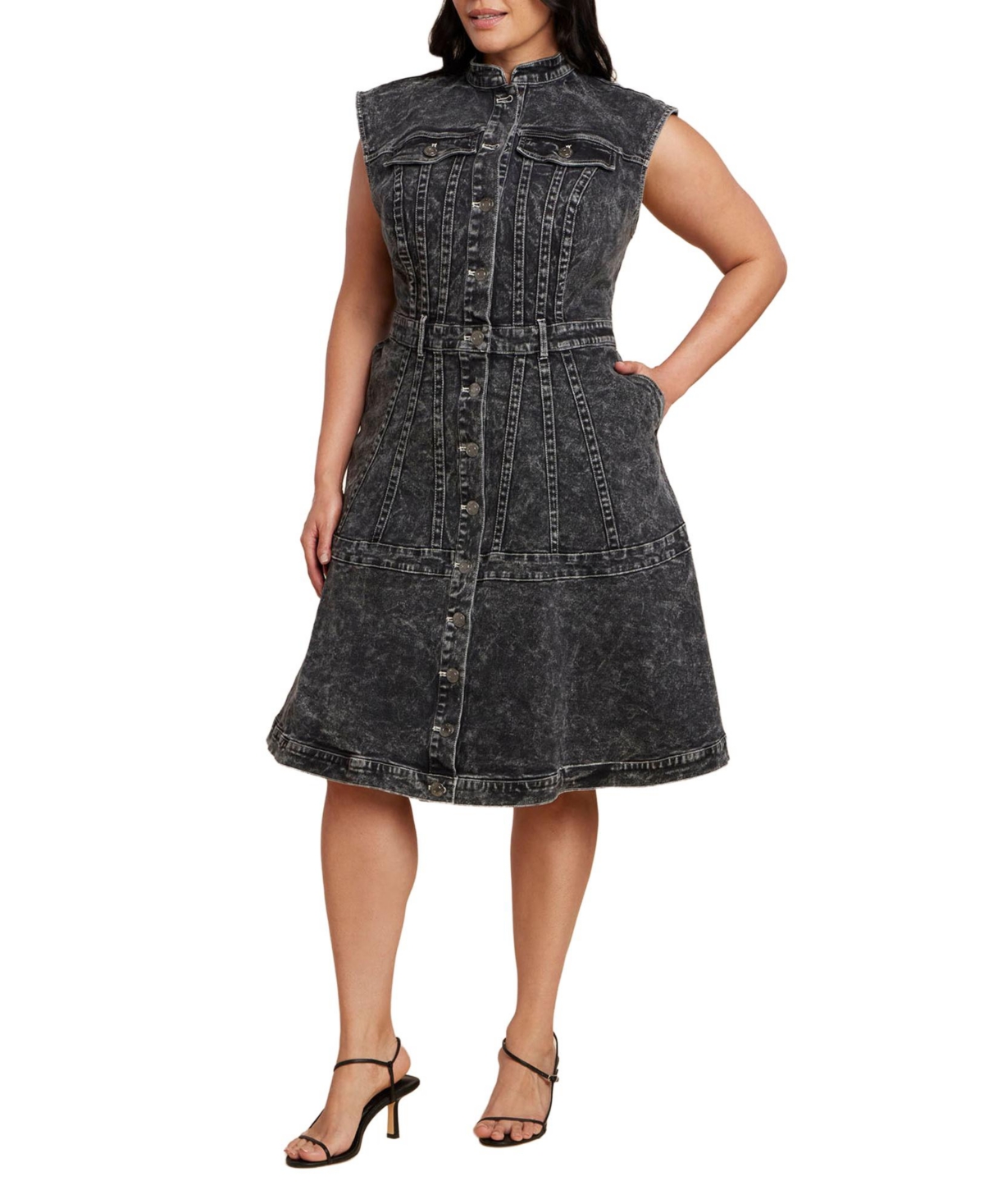 Click here for Eloquii Womens Fit And Flare Denim Dress - Grey bl... prices