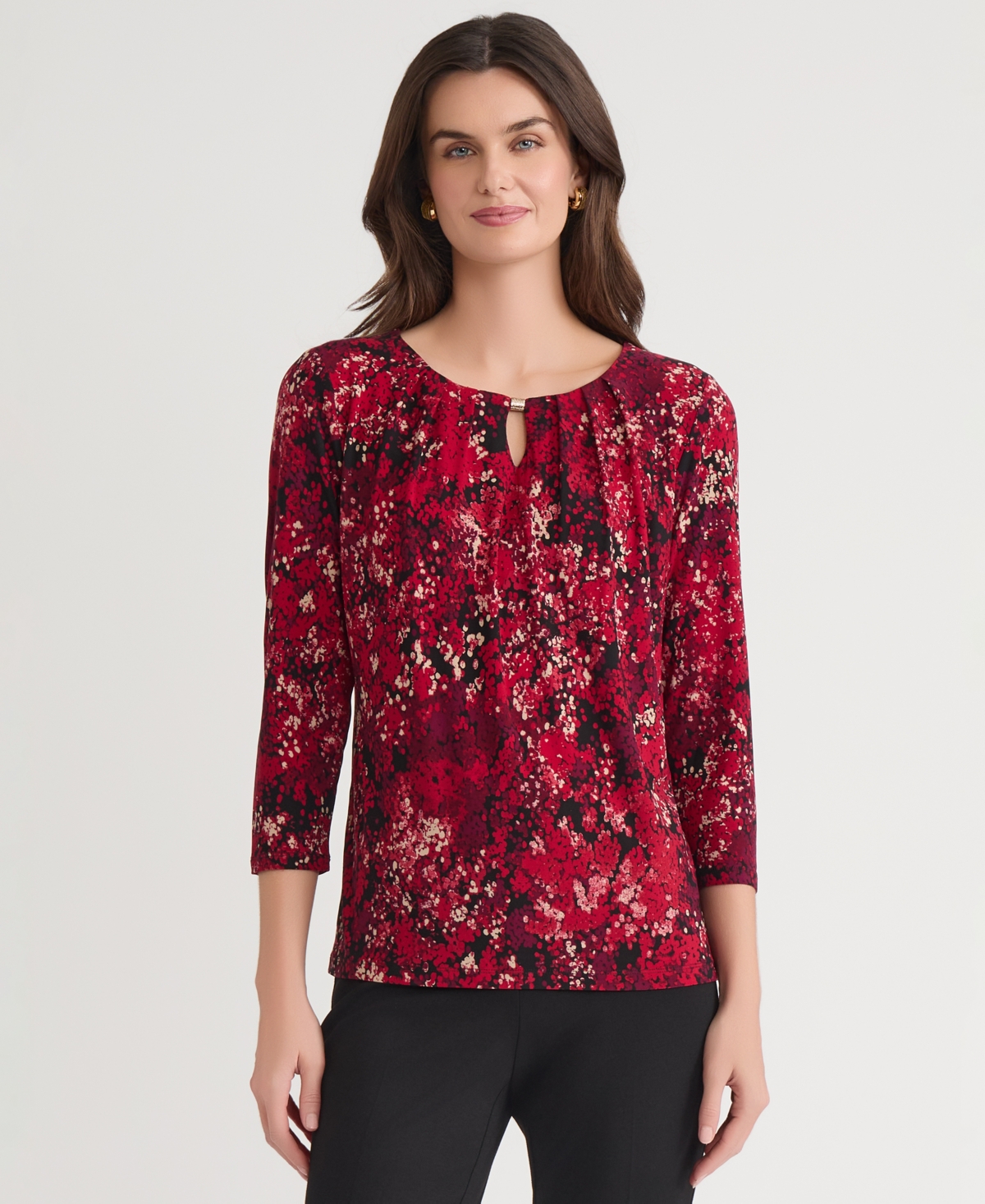 Click here for Kasper Womens Pleat-Neck 3/4-Sleeve Blouse - Black... prices