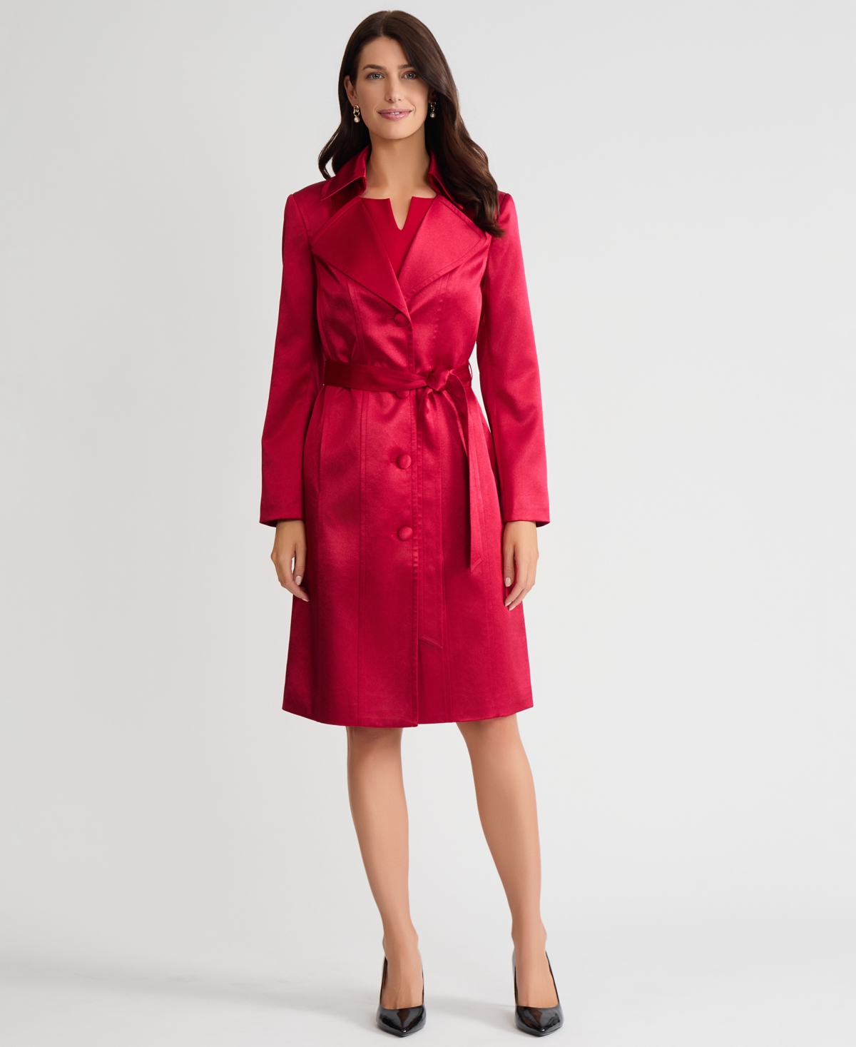 Click here for Kasper Petite Long Button Front Trench Coat - Fire... prices
