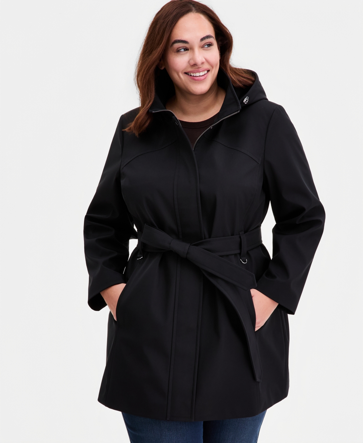 Click here for Calvin Klein Plus Size Belted Hooded Zip-Front Rai... prices