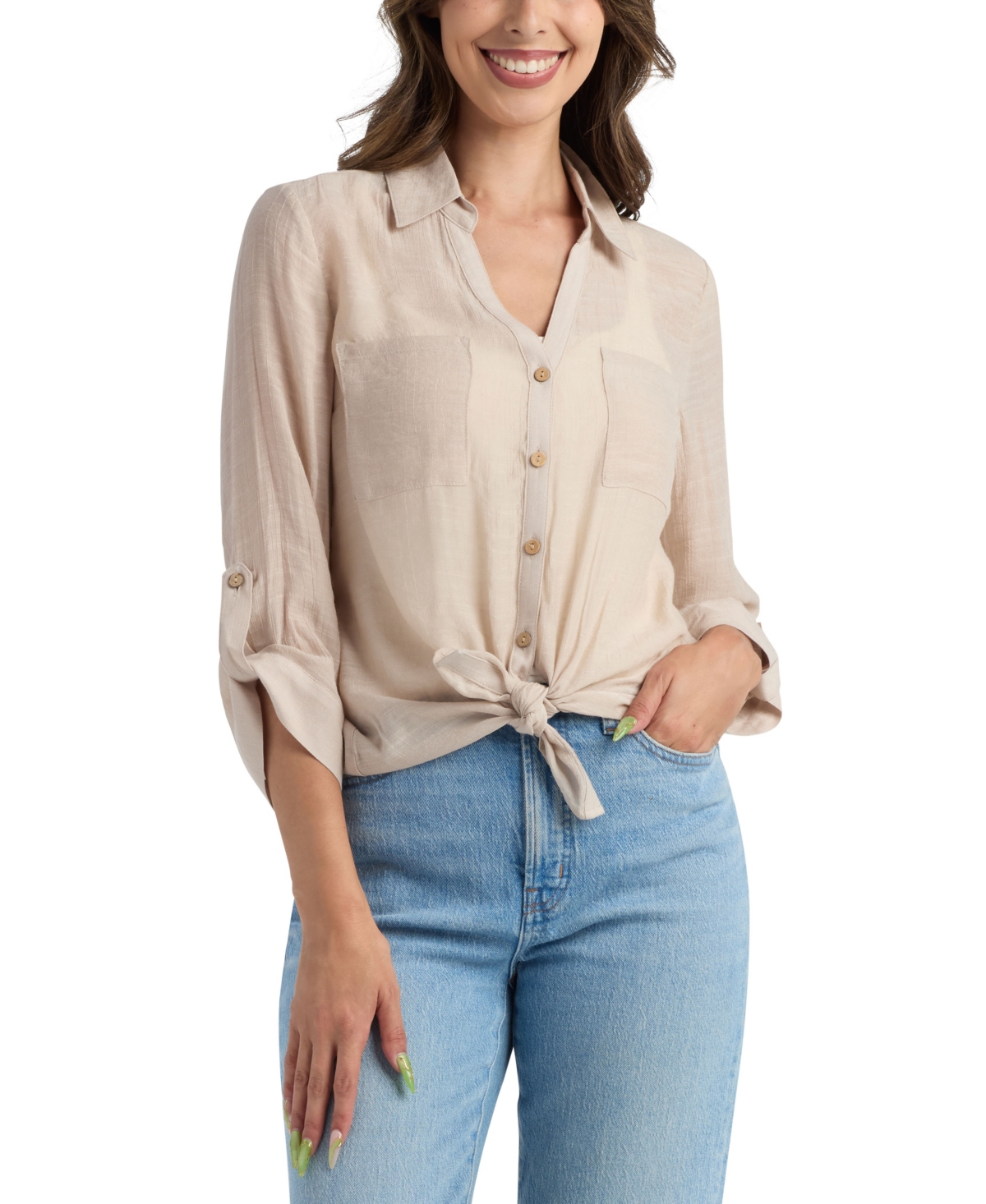 Click here for Bcx Womens Resort Gauzy Texture Collared Button Up... prices