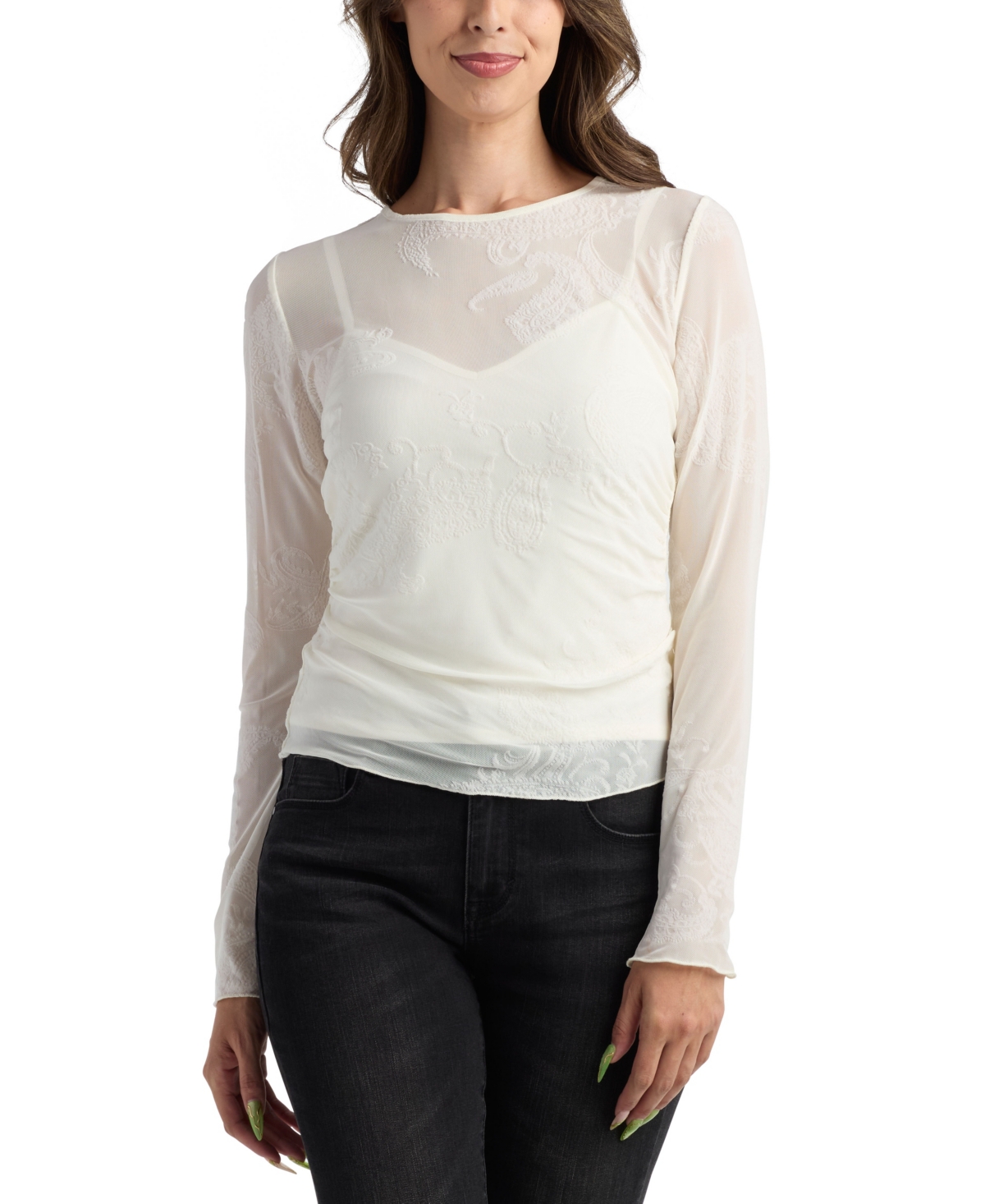 Click here for Bcx Juniors Flocked Long-Sleeve Top - Ivory prices