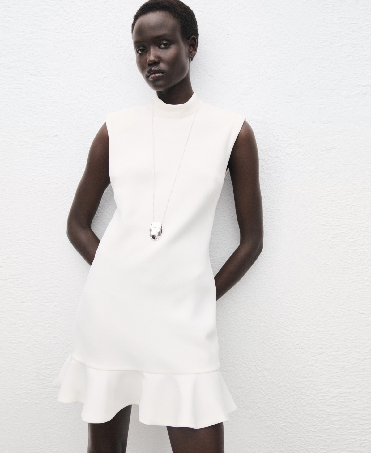 Click here for Mango Womens Ruffled High-Neck Dress - Ecru prices