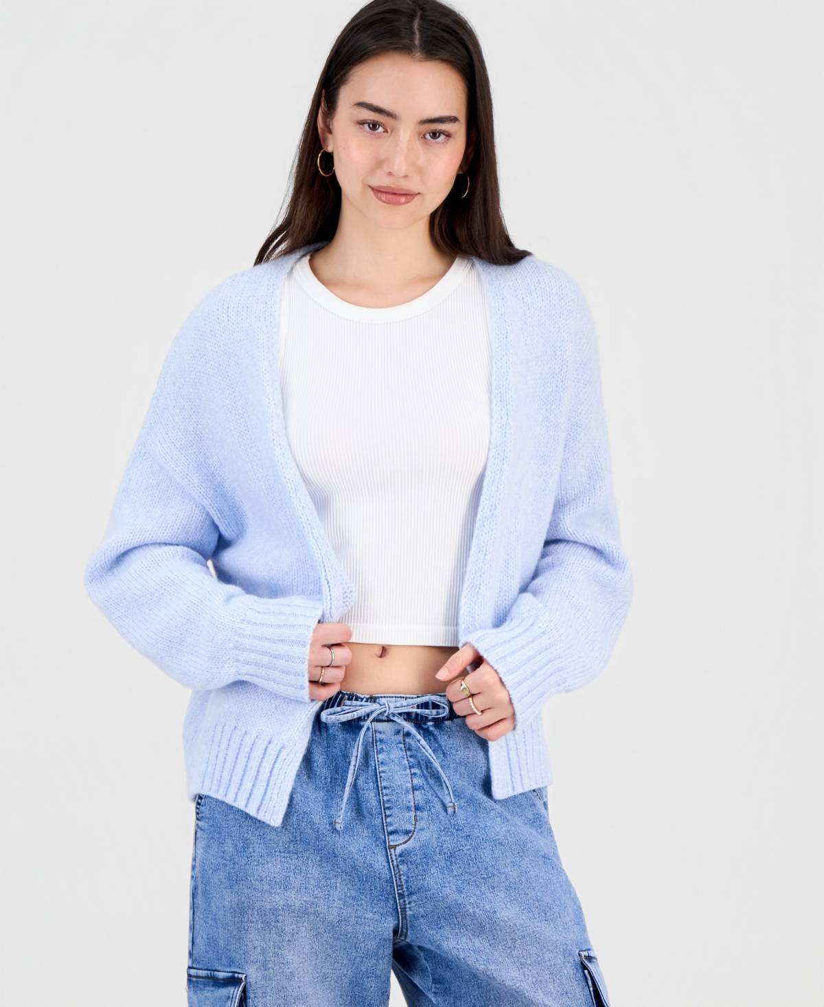 Click here for Hippie Rose Juniors Open-Front Cozy Cardigan - Blu... prices