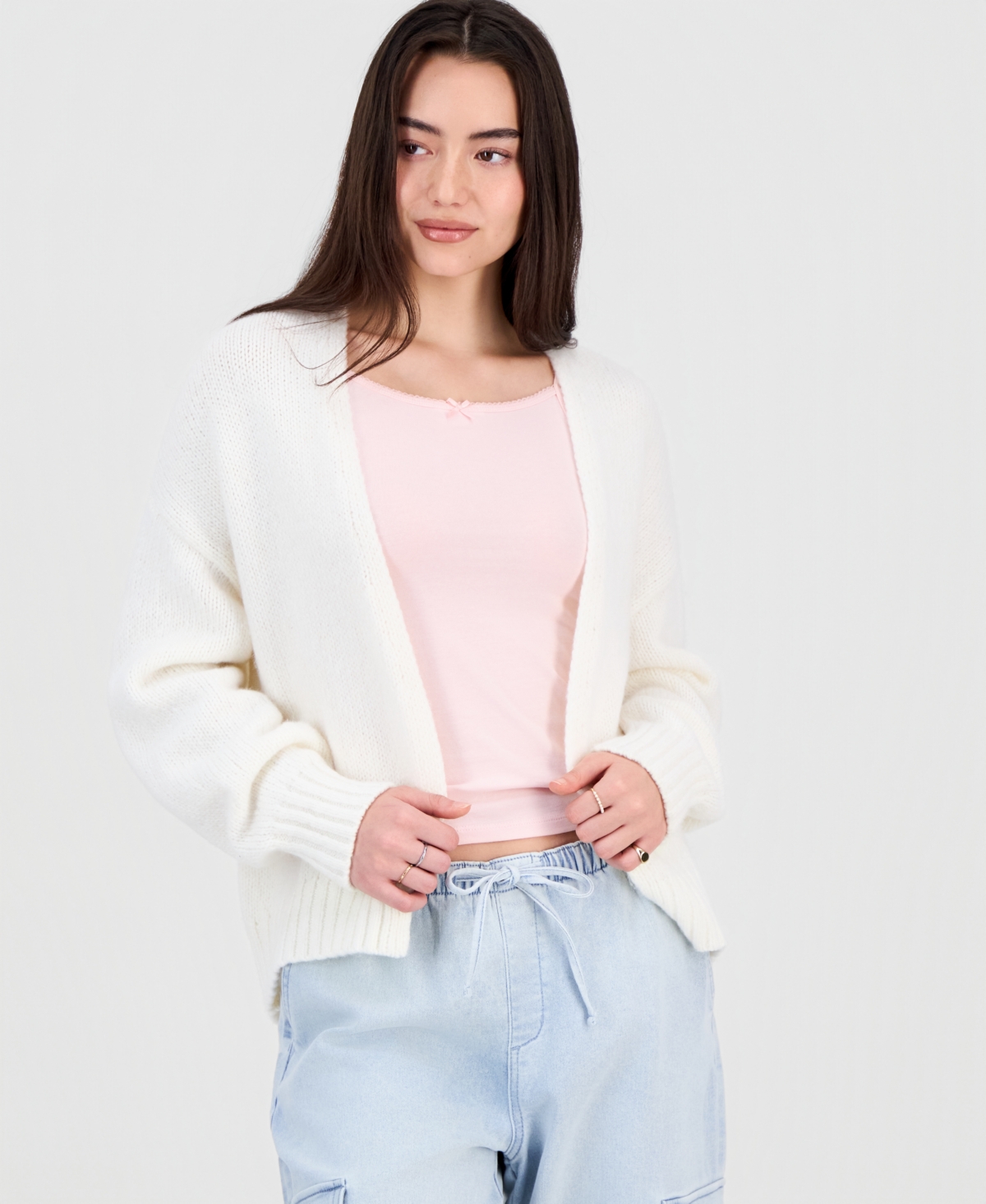 Click here for Hippie Rose Juniors Open-Front Cozy Cardigan - Whi... prices