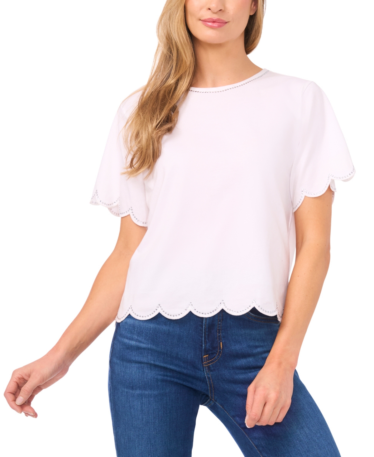 Click here for CeCe Womens Rhinestone Scalloped Knit Top - Ultra... prices