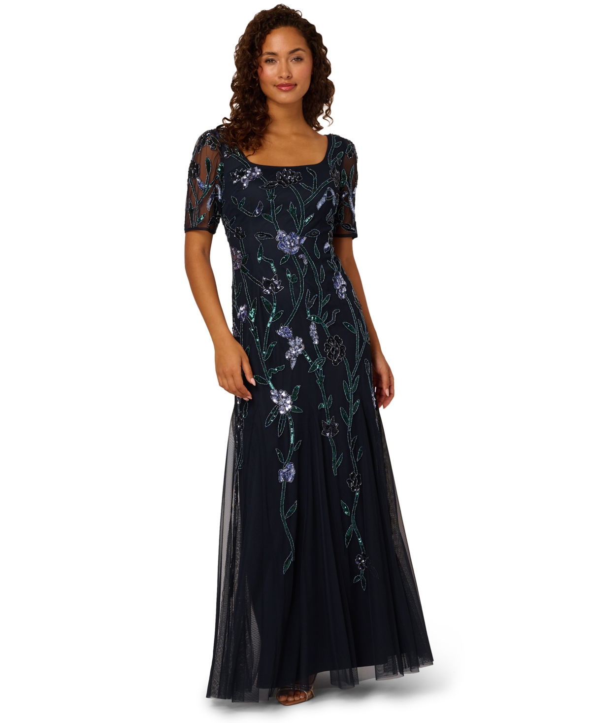 Click here for Adrianna Papell Womens Square-Neck Beaded Mesh Gow... prices