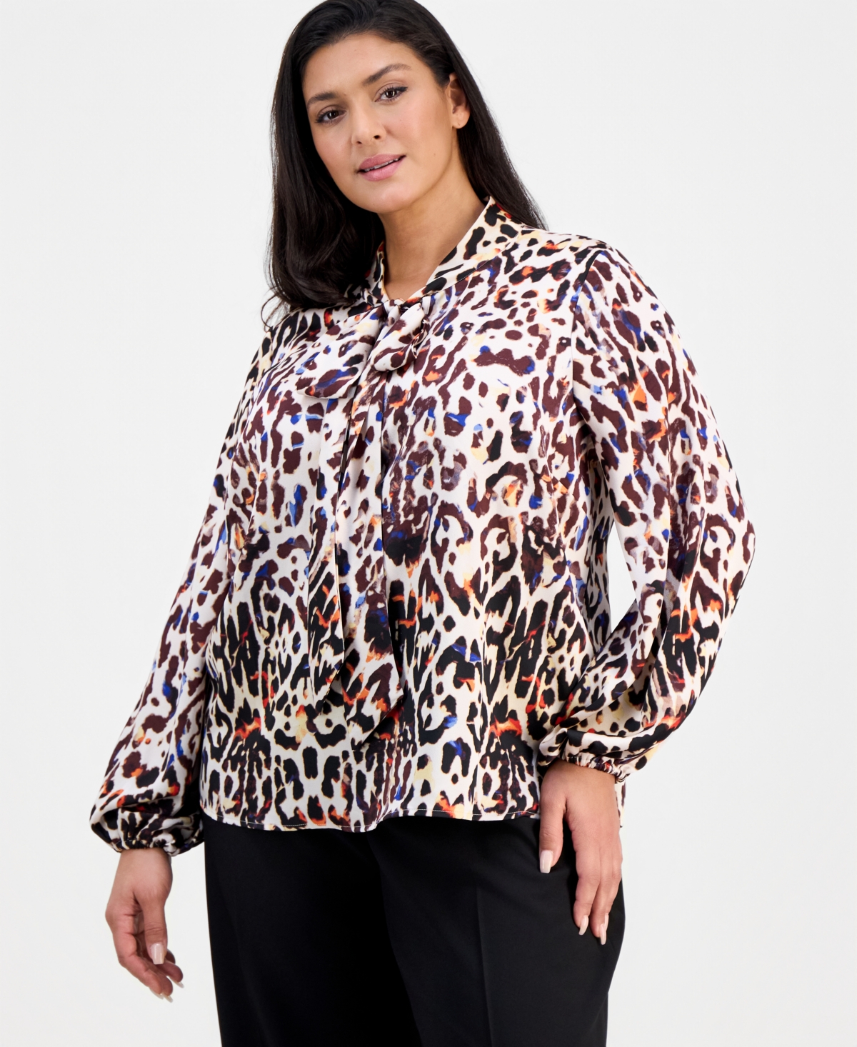 Click here for Tahari Asl Plus Size Tie-Neck Top - Sand Royal Leo... prices