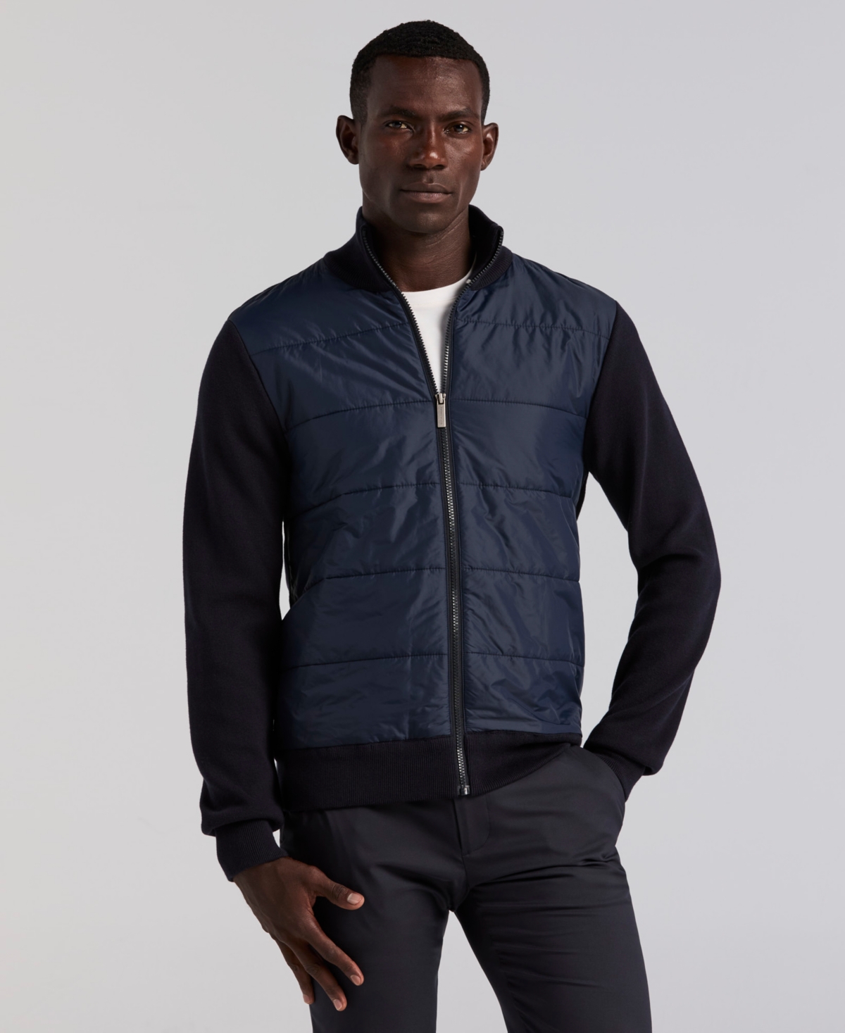 Click here for Perry Ellis Mens Quilted Front Zip Sweater - Dark... prices