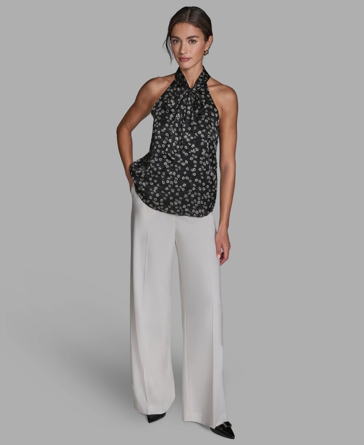 Click here for Bcbg Womens Sleeveless Tie Neck Top - Black Multi prices