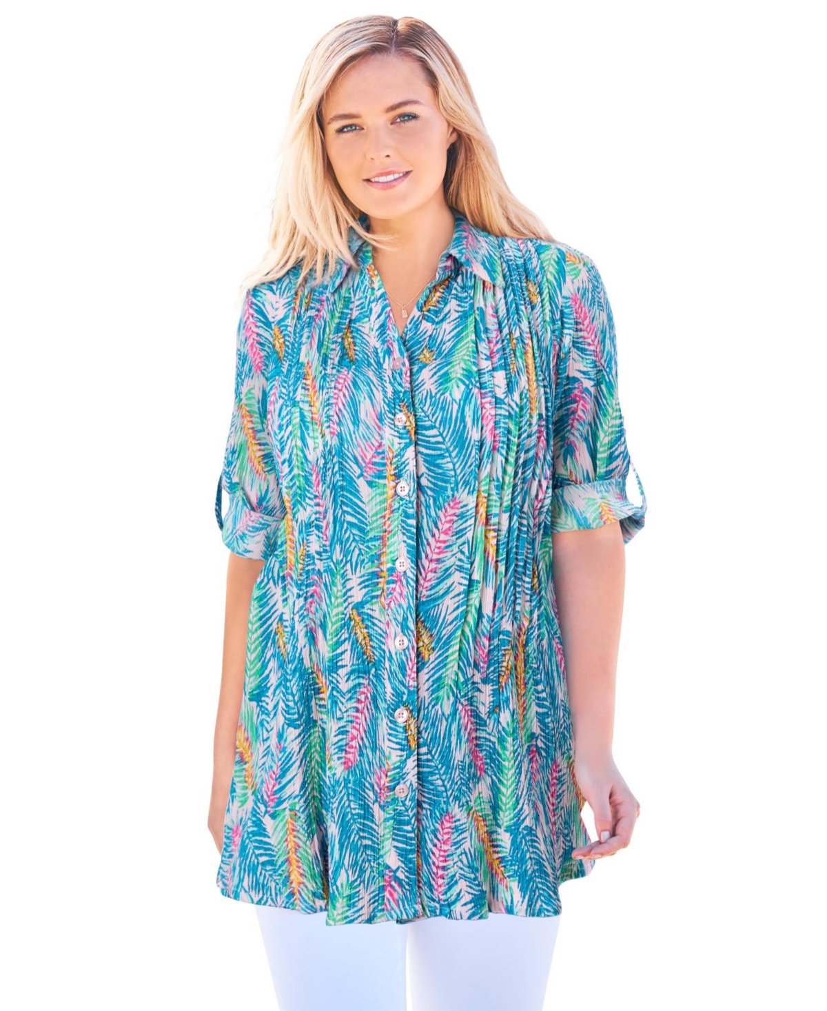 Click here for Woman Within Plus Size Pintucked Button Down Gauze... prices