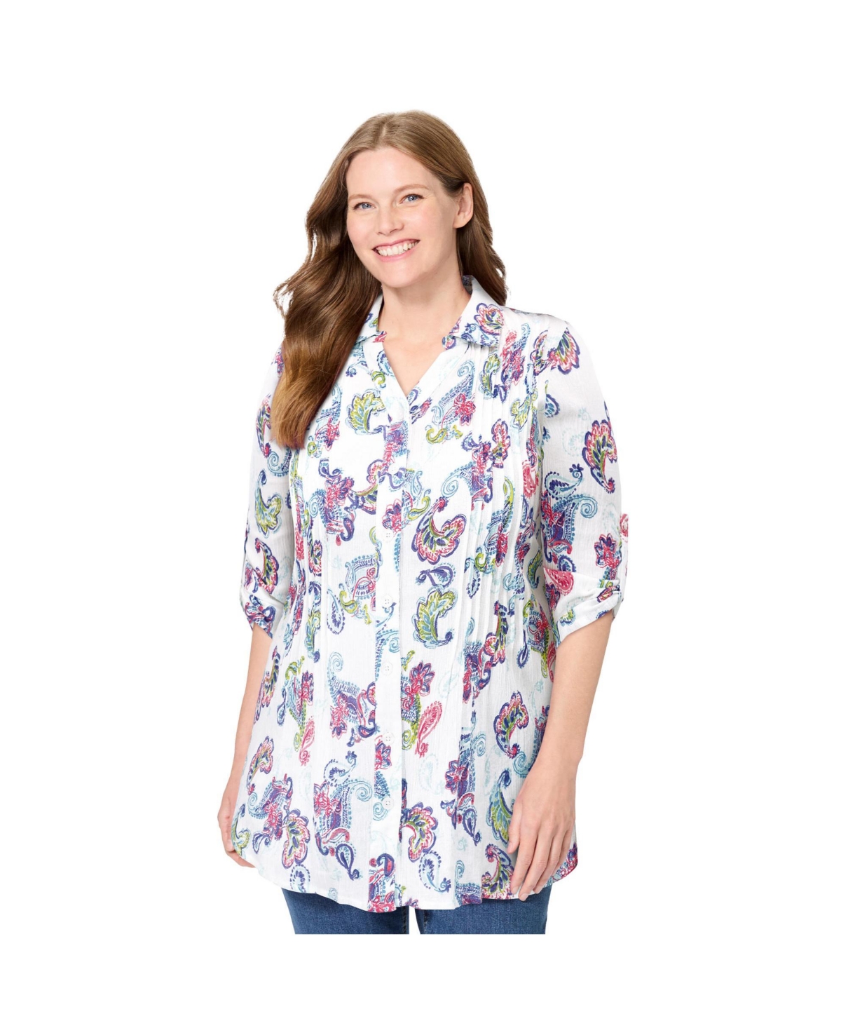 Click here for Woman Within Plus Size Pintucked Button Down Gauze... prices