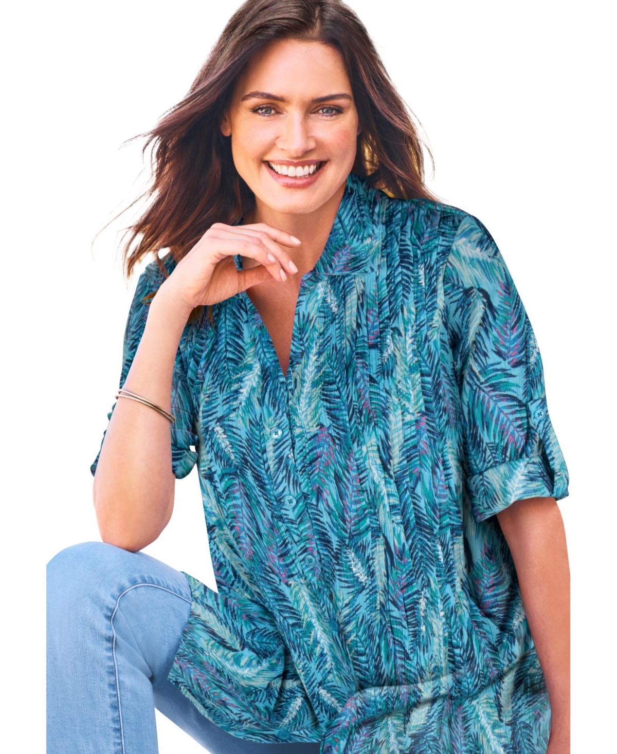 Click here for Woman Within Plus Size Pintucked Button Down Gauze... prices