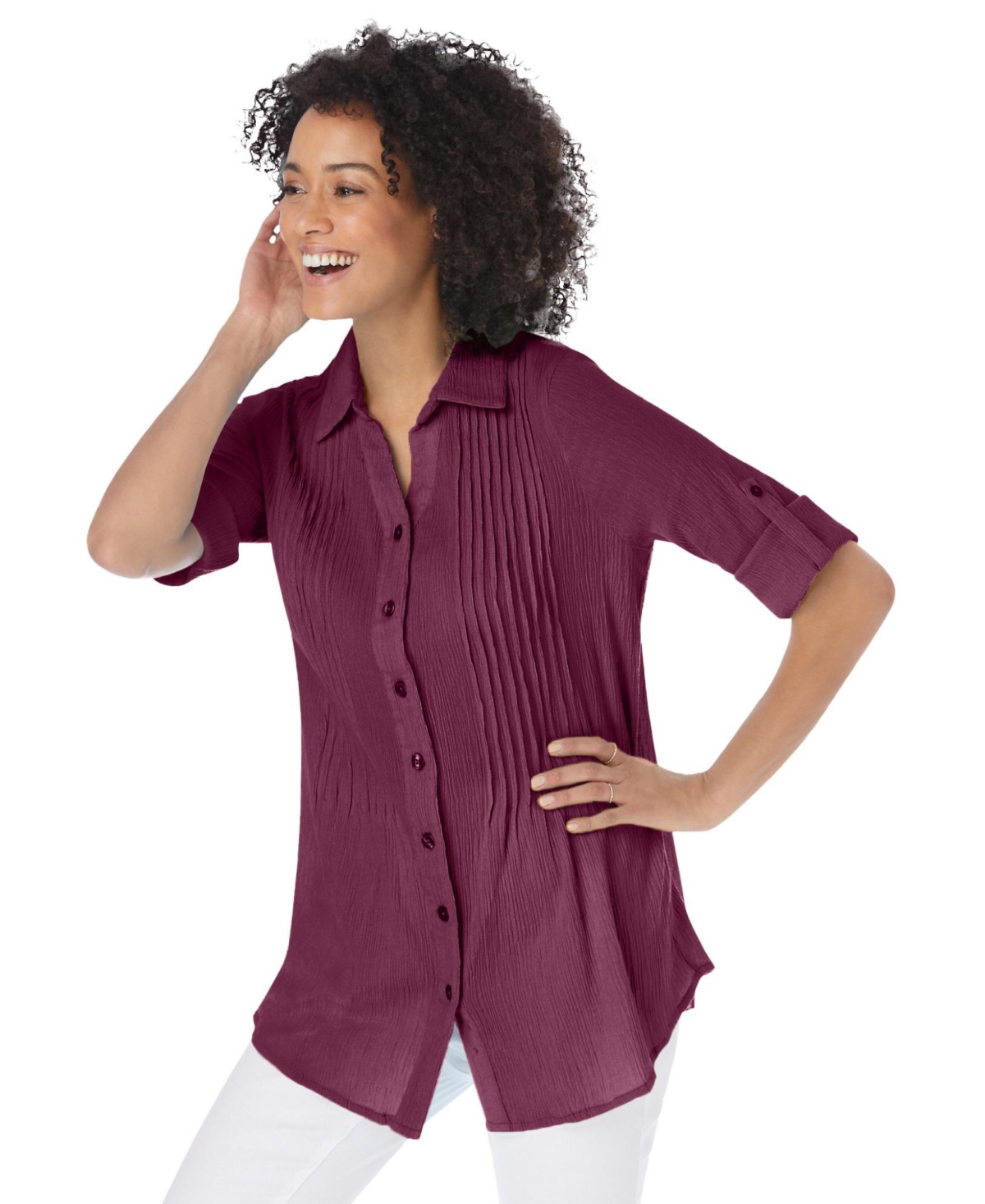 Click here for Woman Within Plus Size Pintucked Button Down Gauze... prices